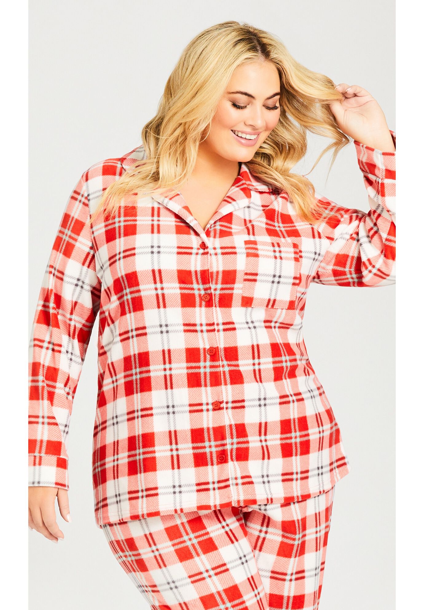 Button Check Fleece Sleep Top | Roaman's