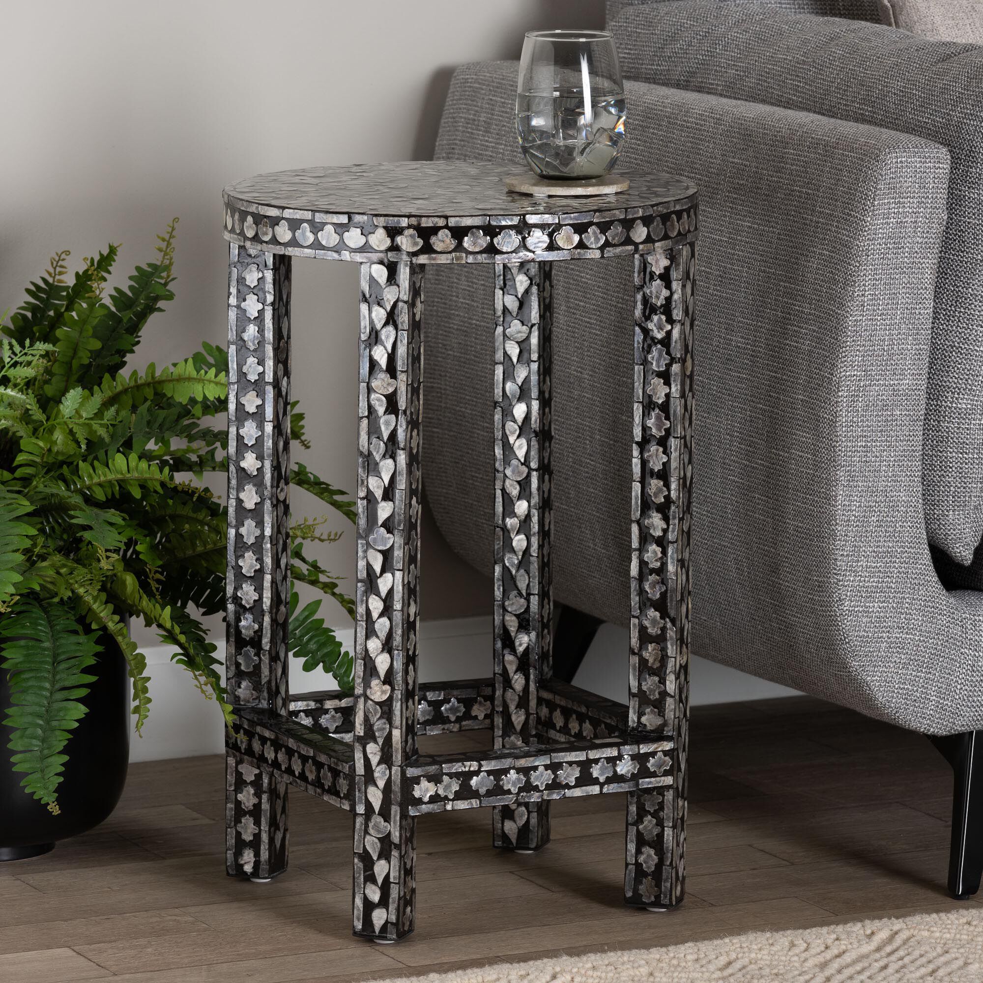 Elara Coastal Black and White Mother of Pearl Capiz Shell End Table ...
