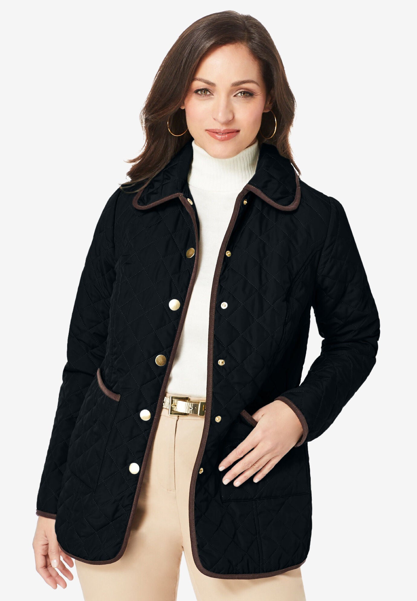 Fashionable Snap-Front Quilted Coat, Black | Roaman's