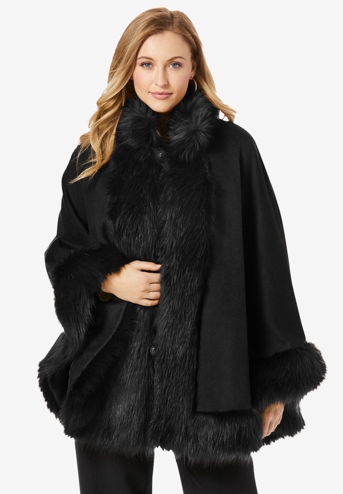 Fashionable Faux Fur Trim Wool Cape, Black | Roaman's