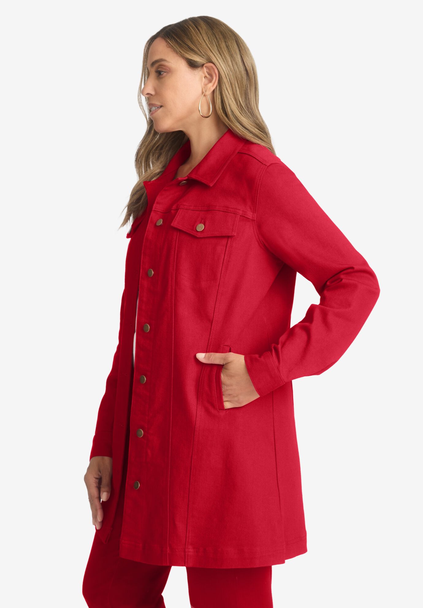 Fashionable Long Denim Jacket, Light Wash | Roaman's