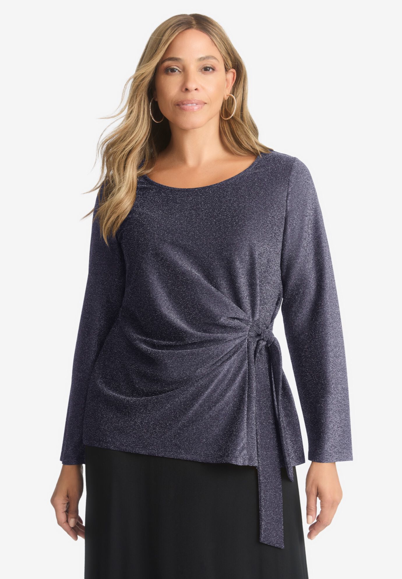 Fashionable Shimmery Side-Gathered Tunic, Blue Shimmer | Roaman's