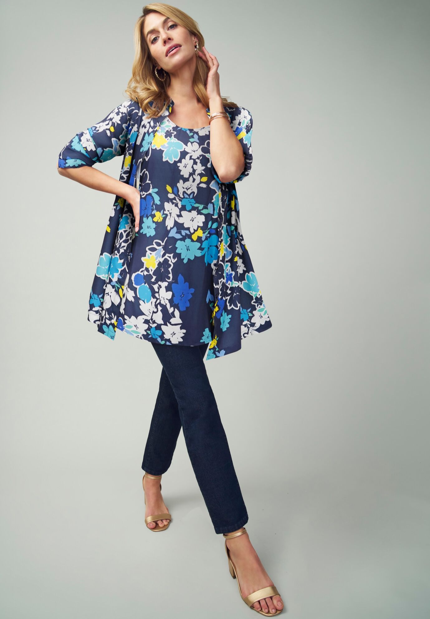 Fashionable Georgette Button Front Tunic, White Houndstooth | Roaman's