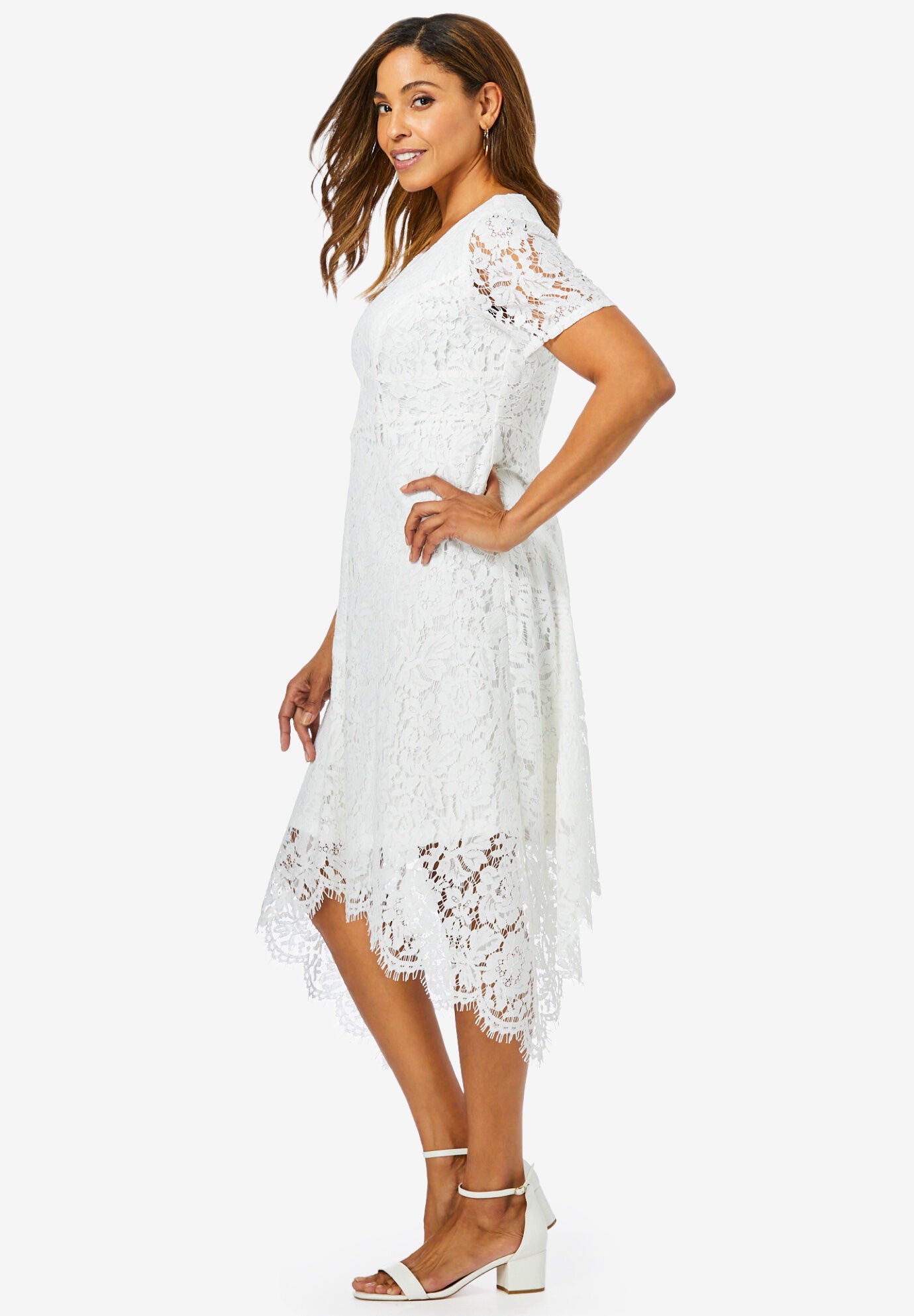 Fashionable Lace Handkerchief Dress, White | Roaman's