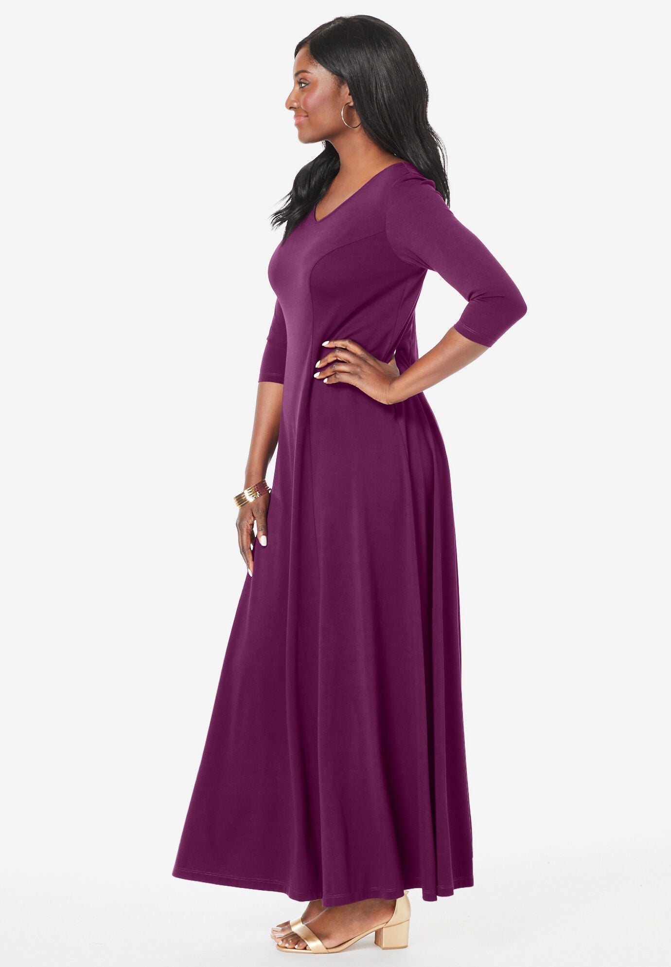Fashionable Double-V Maxi Dress, Black | Roaman's
