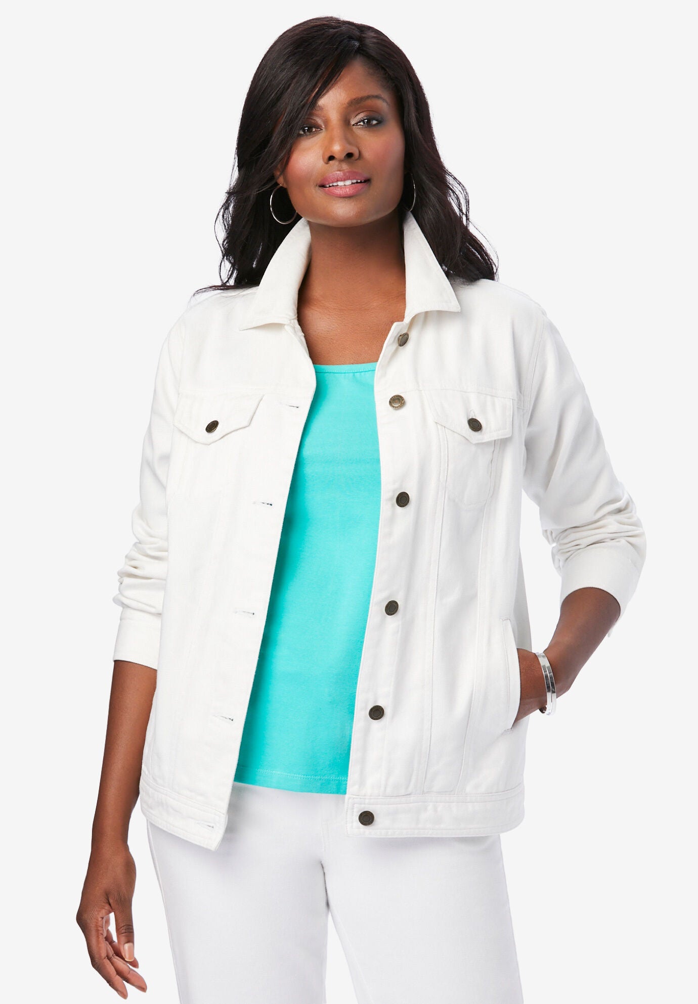Fashionable Classic Cotton Denim Jacket, White | Roaman's