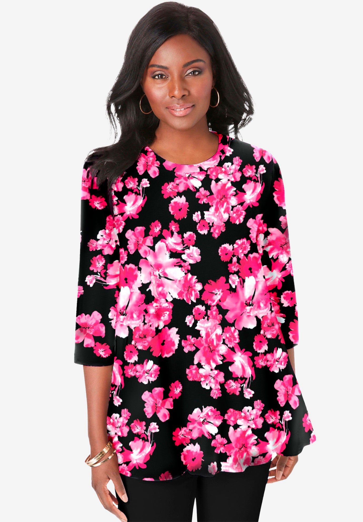 Fashionable Stretch Knit Swing Tunic, Cherry Red Floral Print | Roaman's