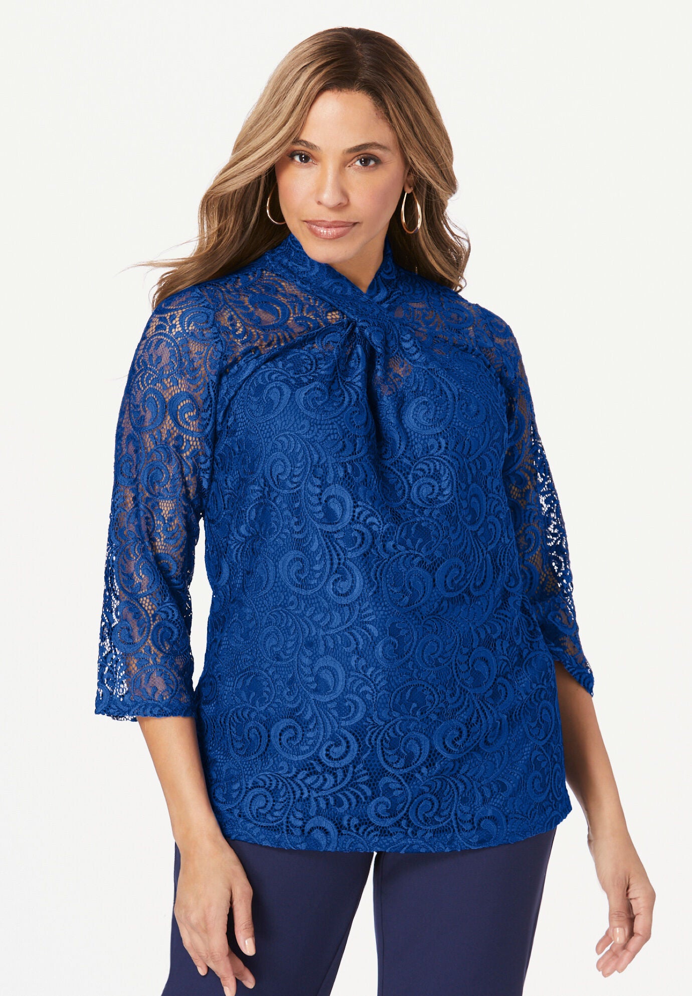 Fashionable Lace Twist Top, Classic Red | Roaman's