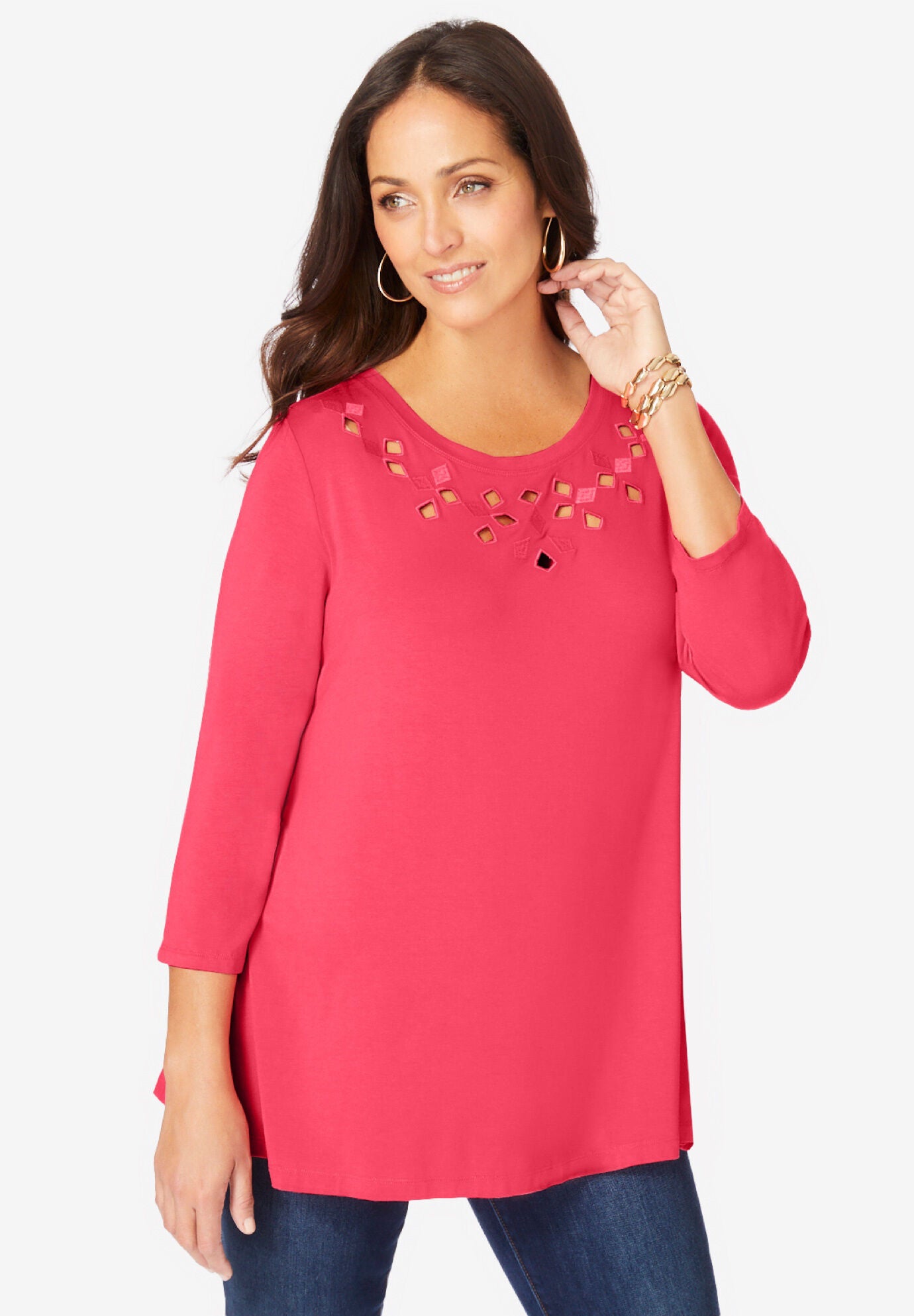 Fashionable Stretch Knit Eyelet Swing Tunic, Vibrant Watermelon Diamond ...
