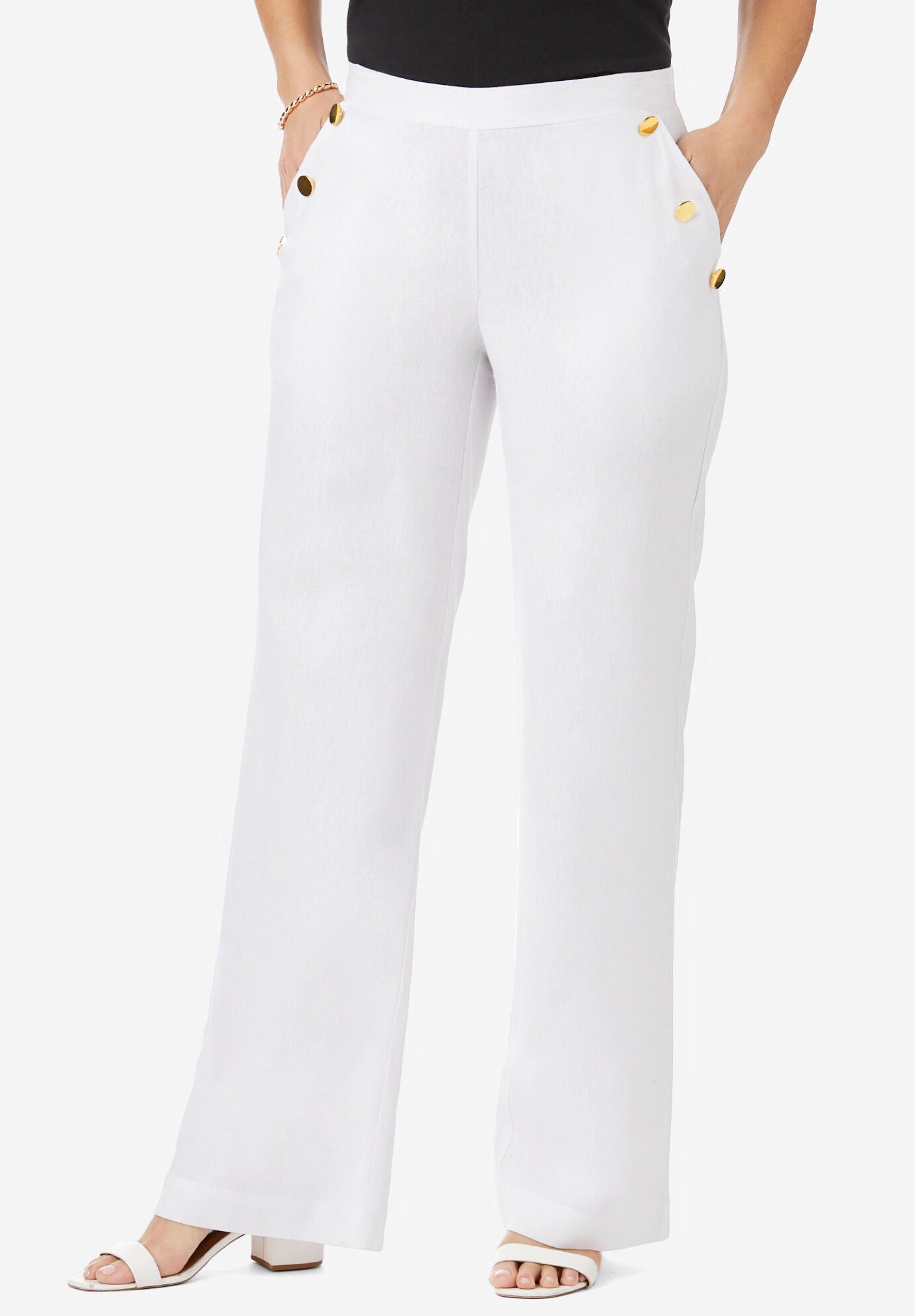 Fashionable Linen Wide Leg Sailor Pant, White | Roaman's