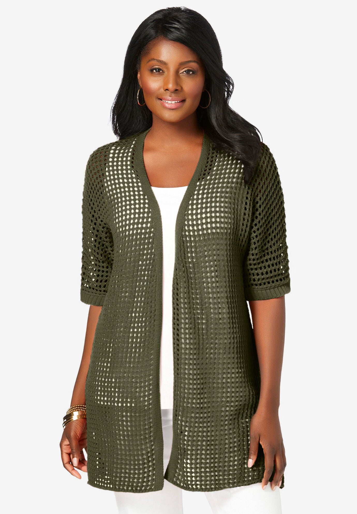 Fashionable Crochet Long Cardigan, Dark Olive Green | Roaman's