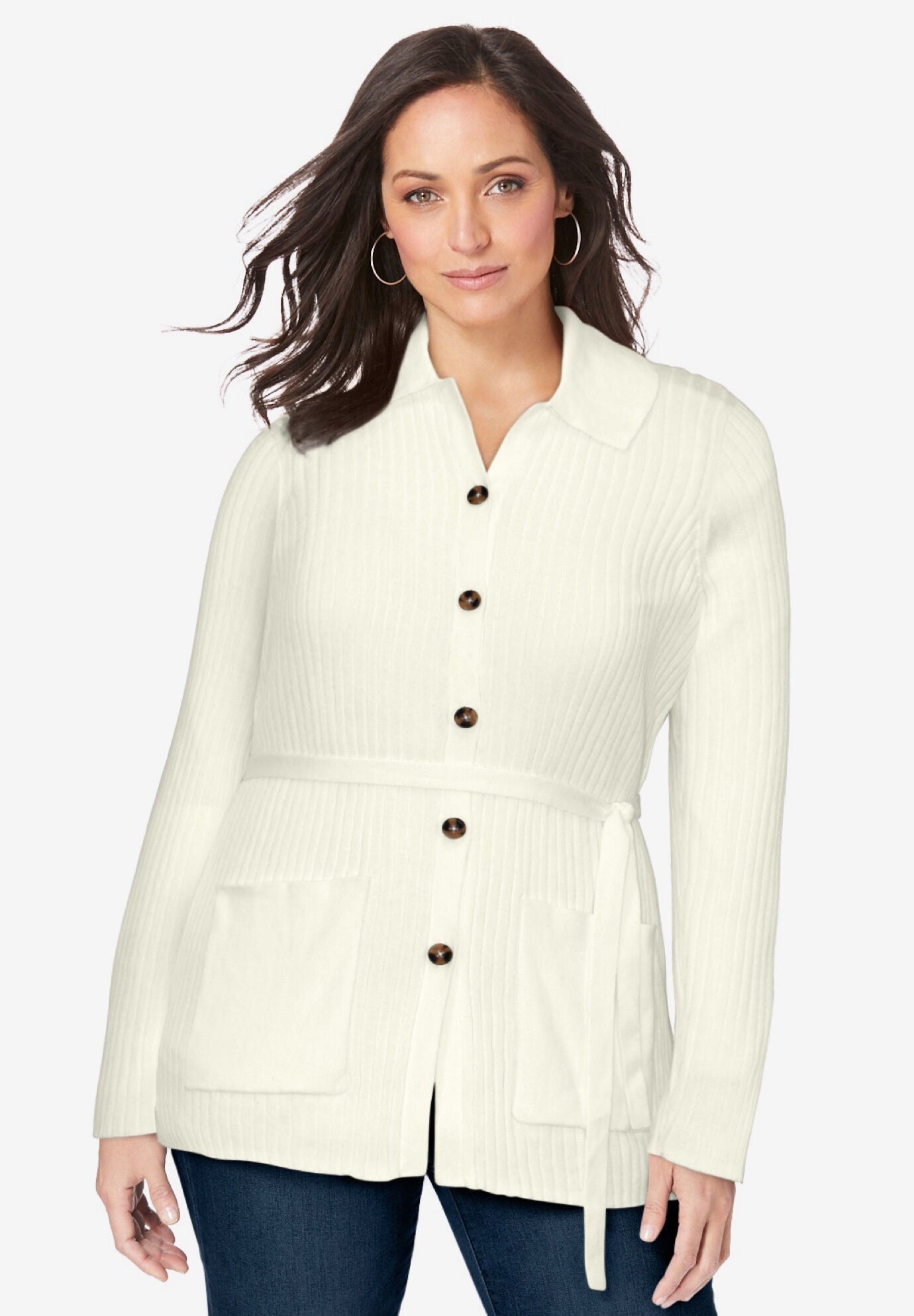 Fashionable Button Down Rib Cardigan, 4453896 | Roaman's