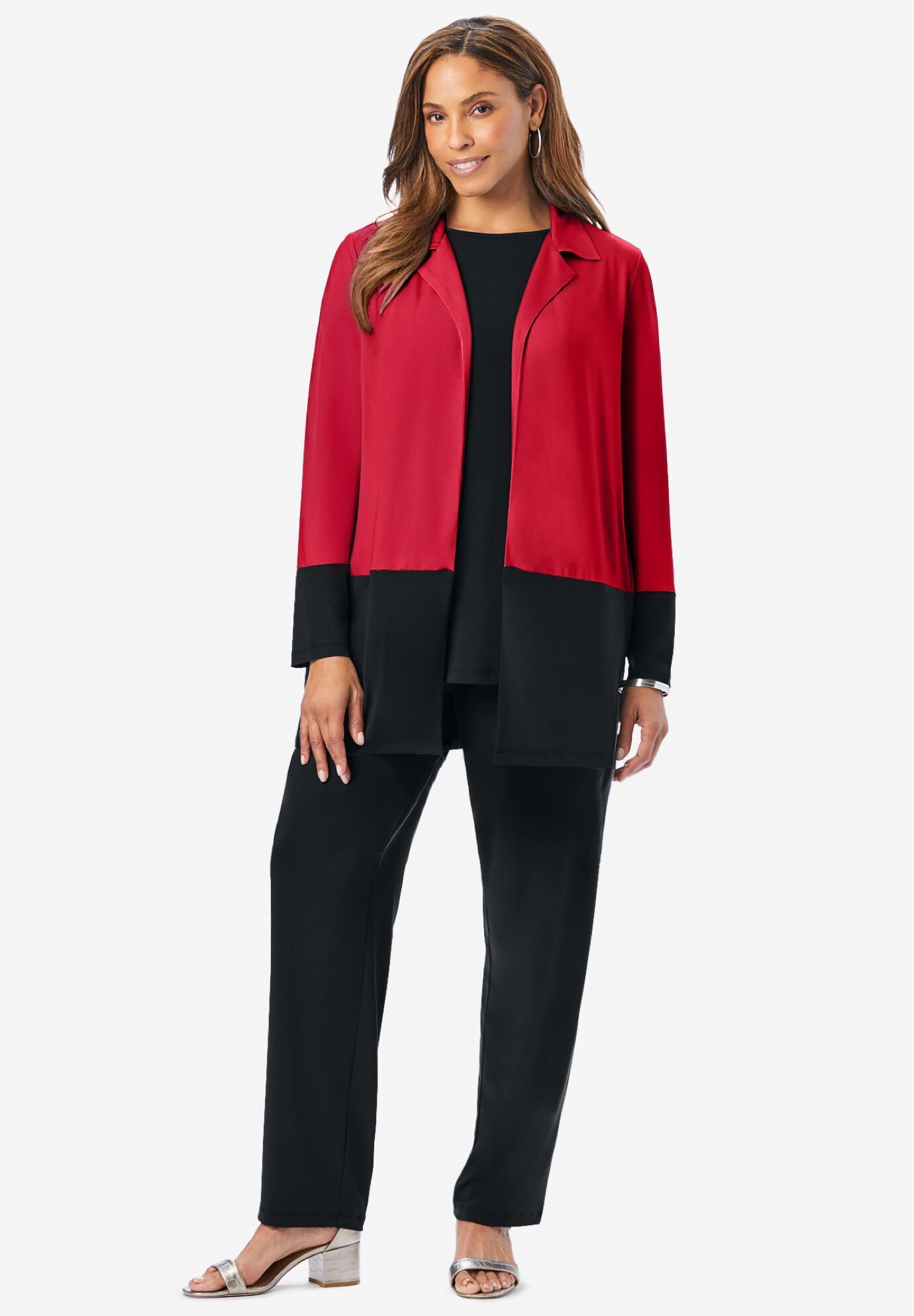 Fashionable 3-Piece Knit Pant Set, Red Black Colorblock | Roaman's