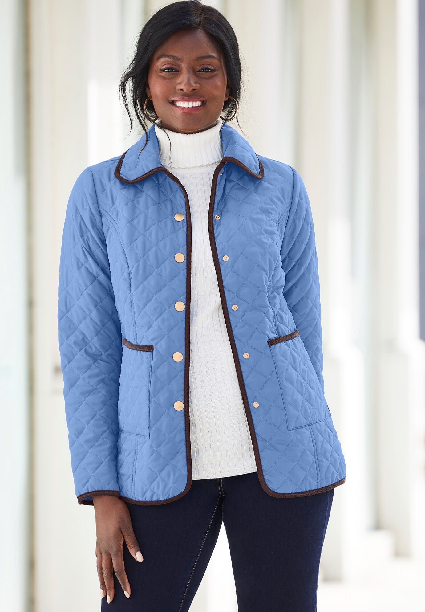 Fashionable Snap-Front Quilted Coat, Black | Roaman's