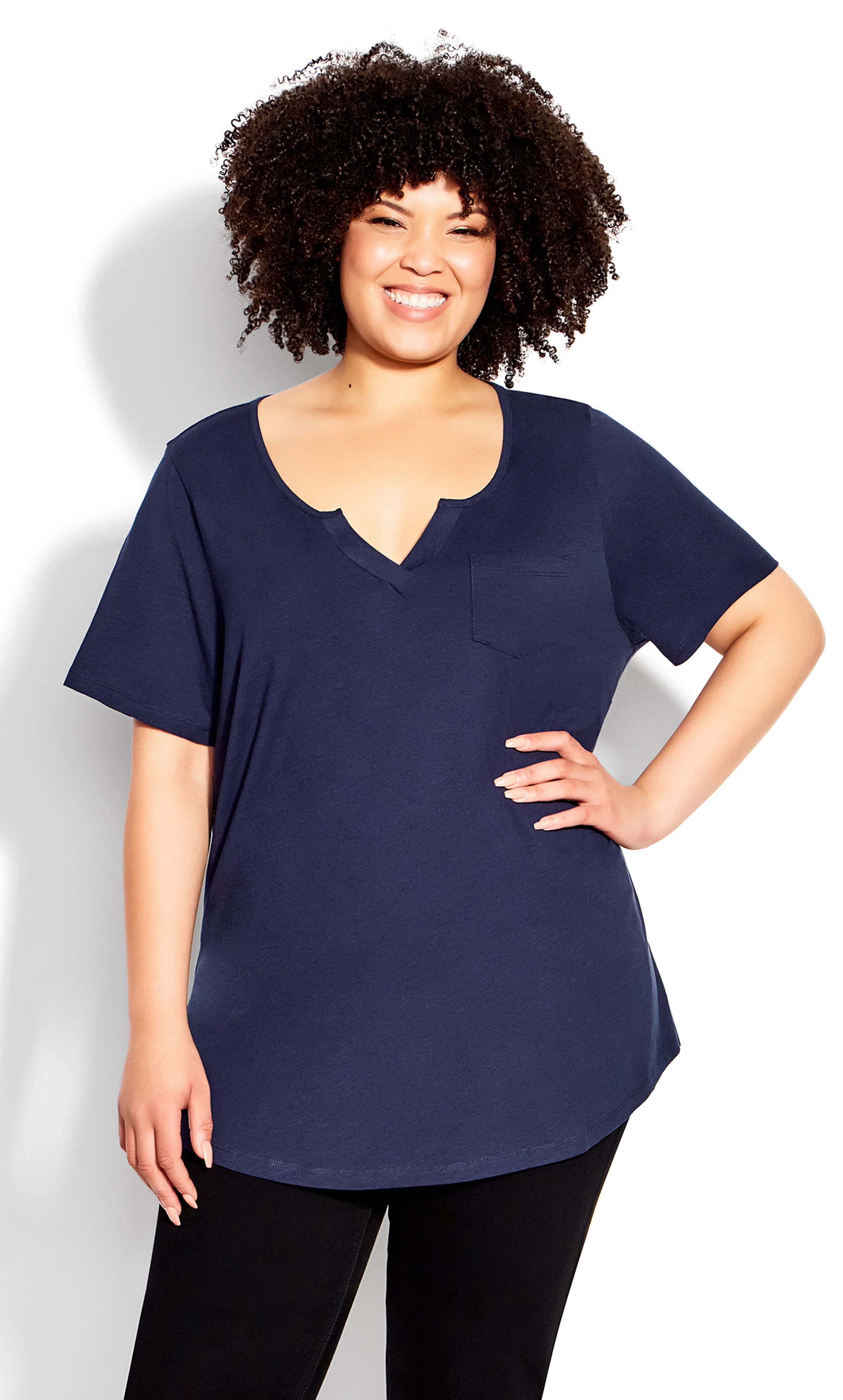 Split Neck Top - navy | Roaman's