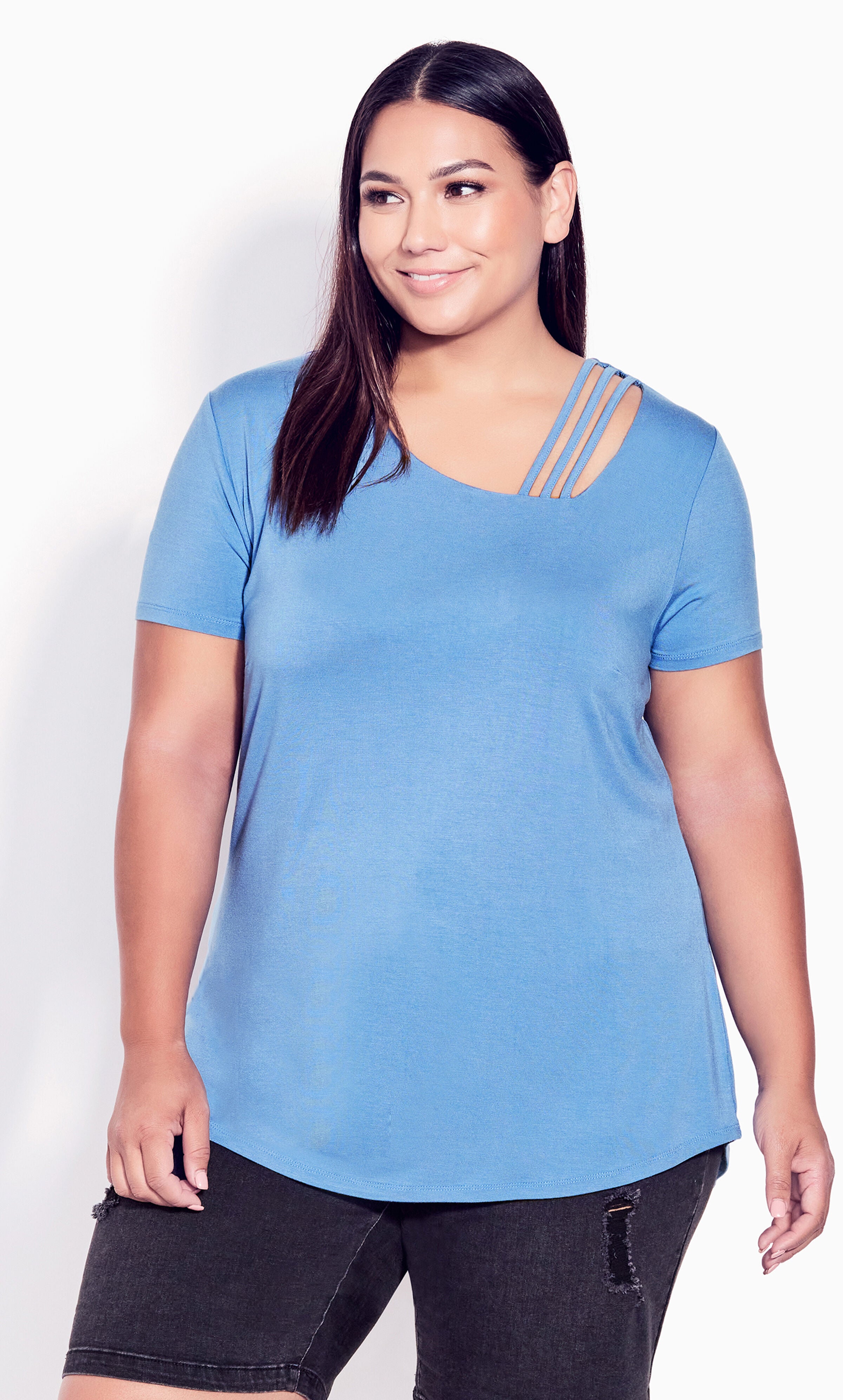 V Cut Out Top - sky blue | Roaman's