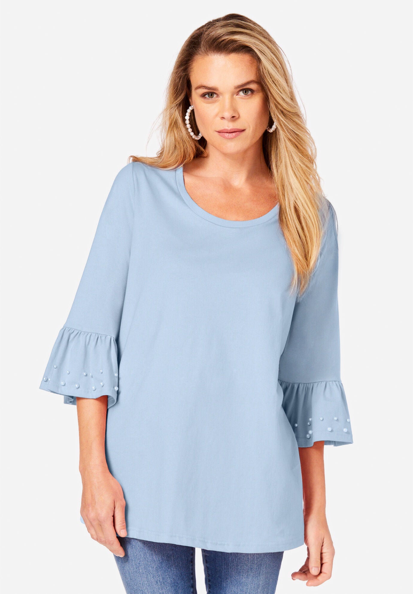 Fashionable Pearl-Embellished Bell-Sleeve Tee, 4428410 | Roaman's