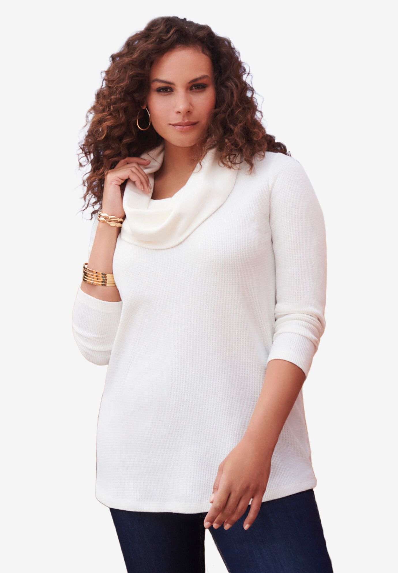 Fashionable Cowl-Neck Thermal Tunic, Ivory | Roaman's