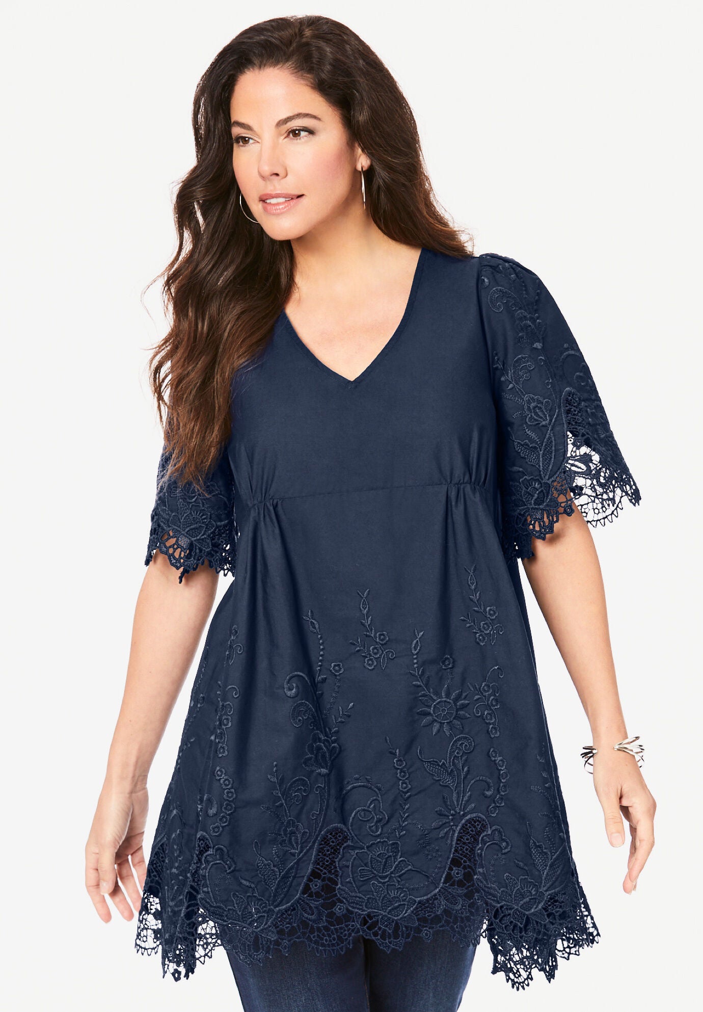 Fashionable Lace-Trim Poplin Top., Navy | Roaman's