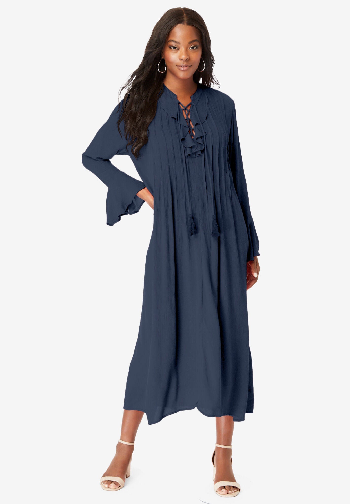 Fashionable Ruffle Pintuck Crinkle Dress, Navy | Roaman's