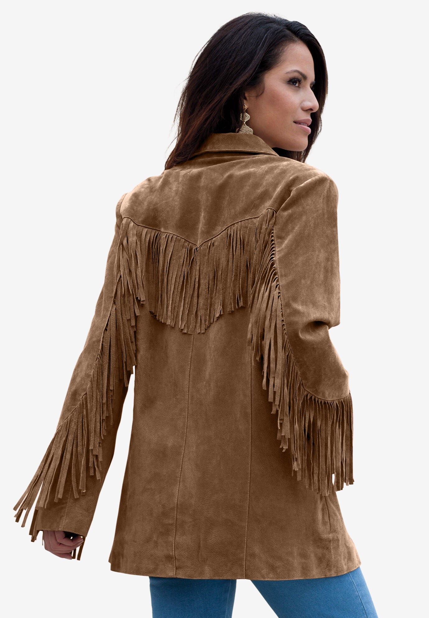 Fashionable Fringe Suede Jacket, Black | Roaman's