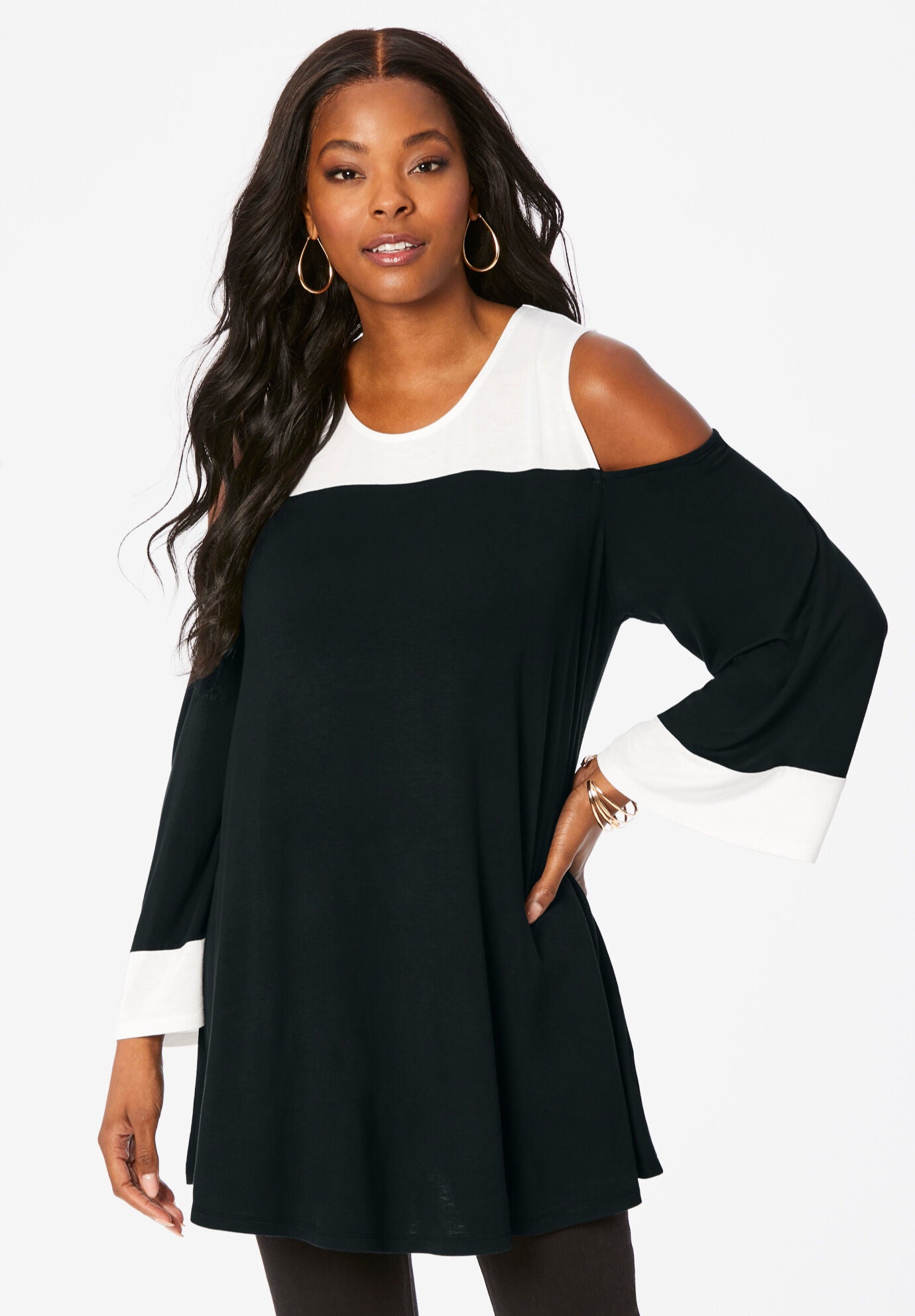 Fashionable Colorblock Cold-Shoulder Tunic, Black And White | Roaman's