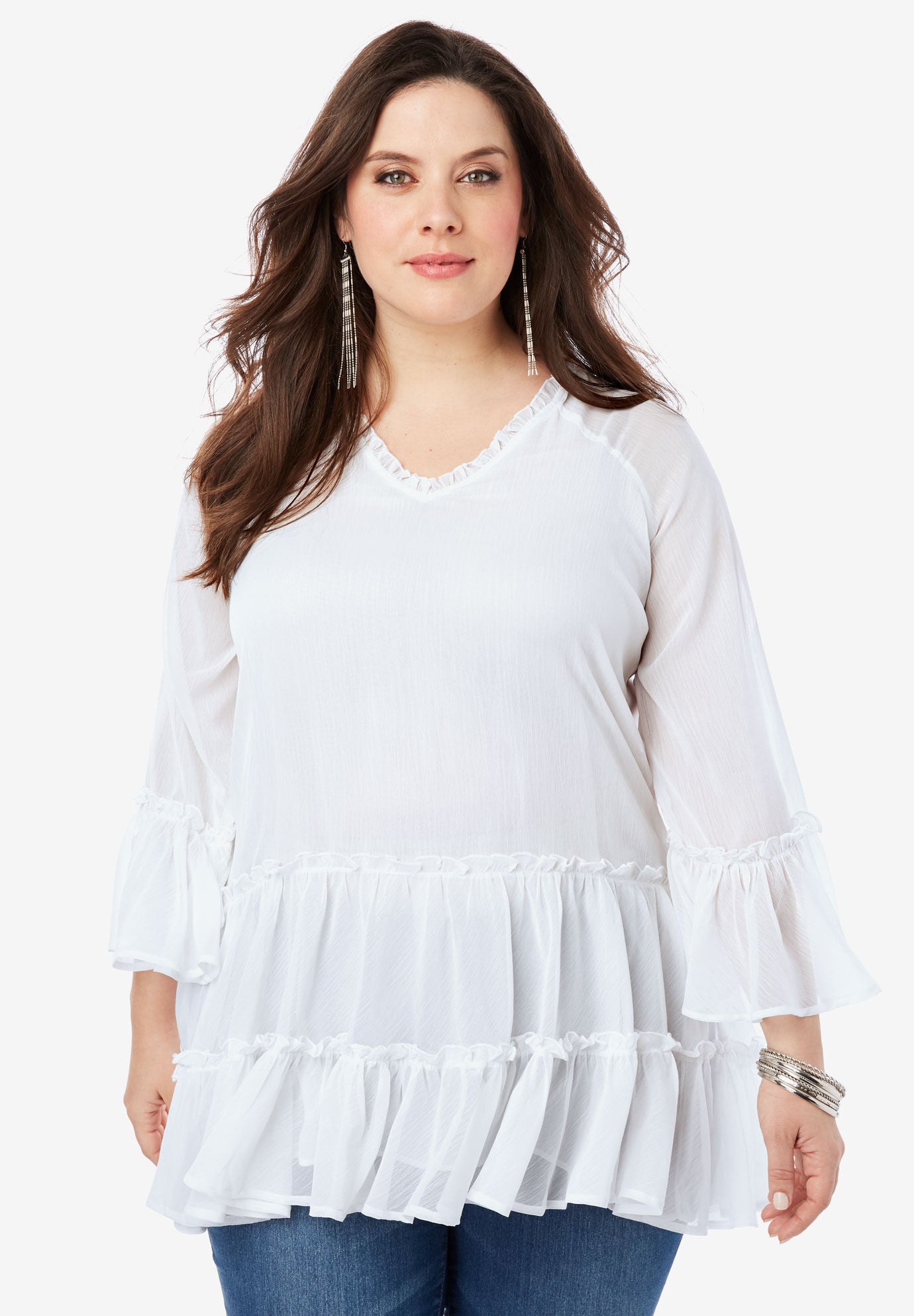 Fashionable Tiered Ruffle Tunic with Bell Sleeves, White | Roaman's