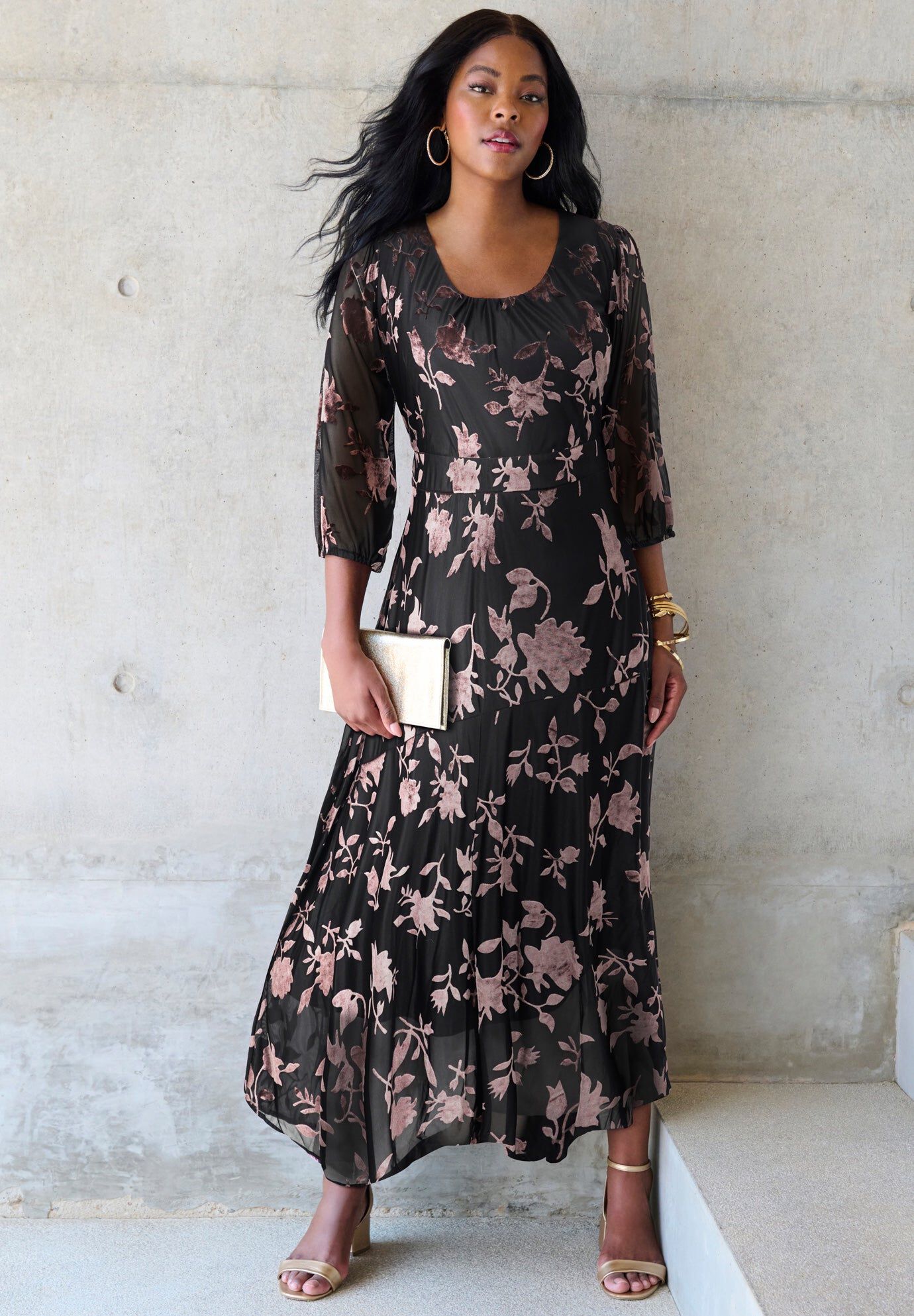 Fashionable Velvet Burnout Dress, Black Floral | Roaman's