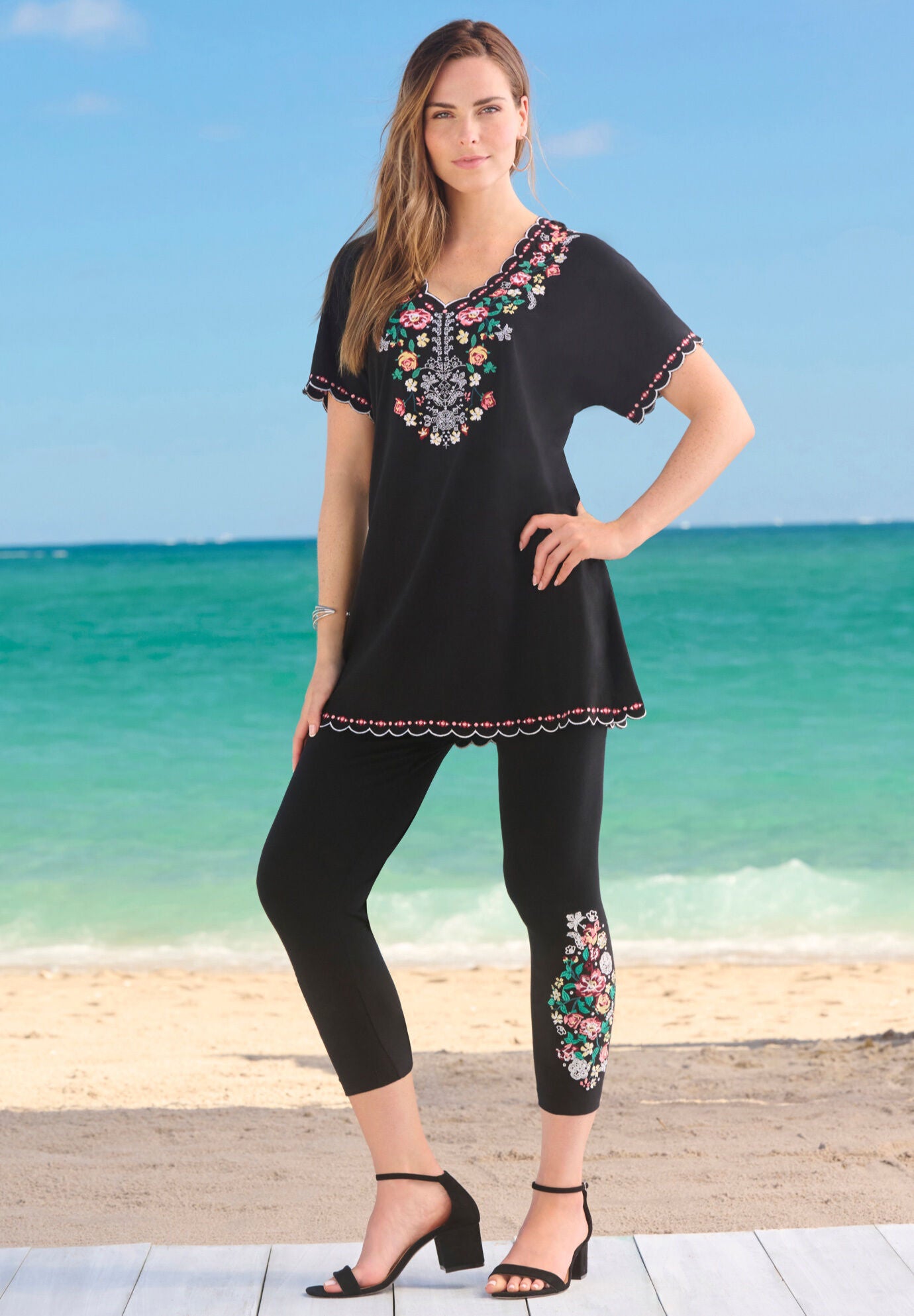 Fashionable Embroidered Capri Leggings, 4477413 | Roaman's