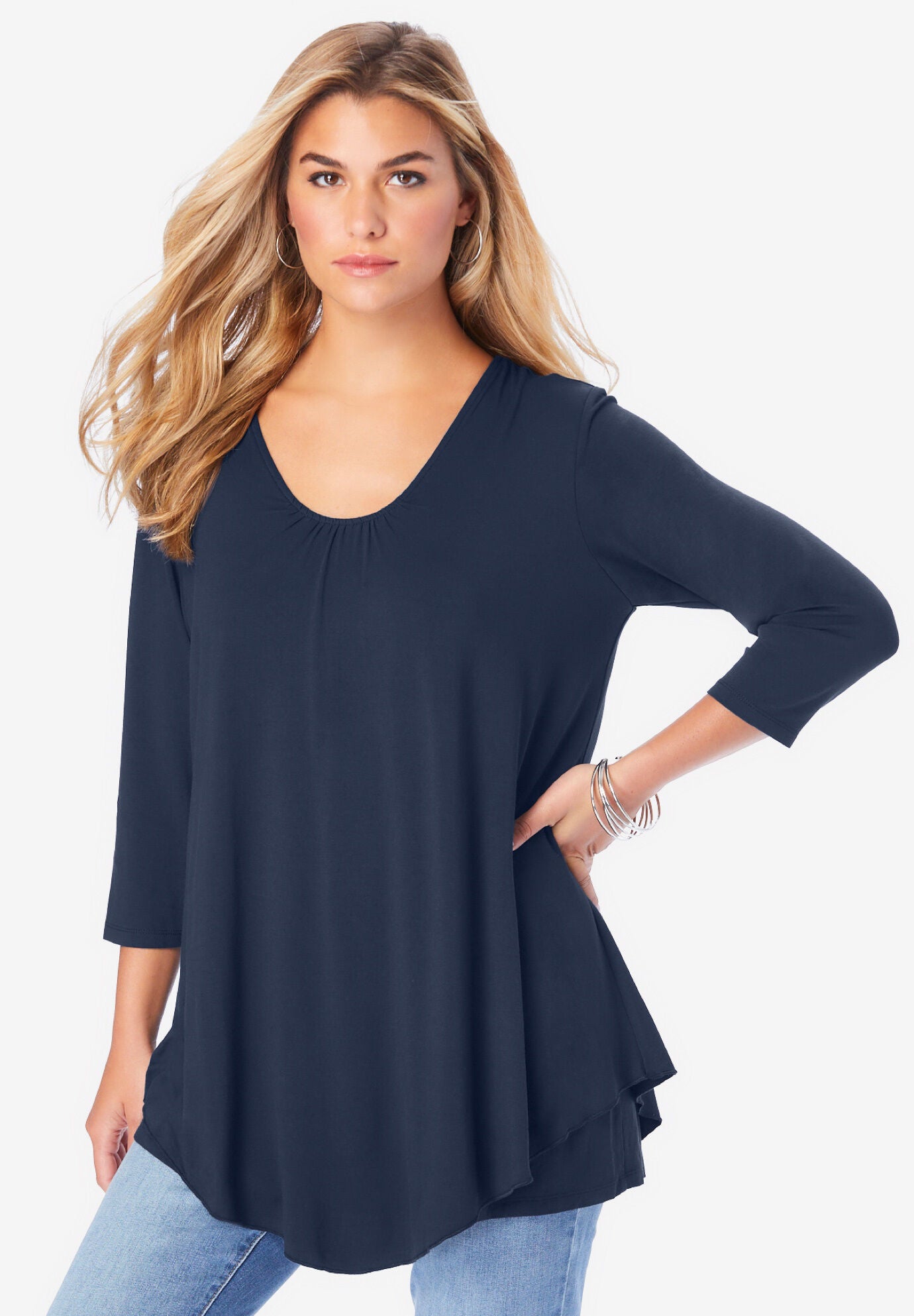Fashionable Shirred Overlay Ultra Femme Top, 4440237 | Roaman's