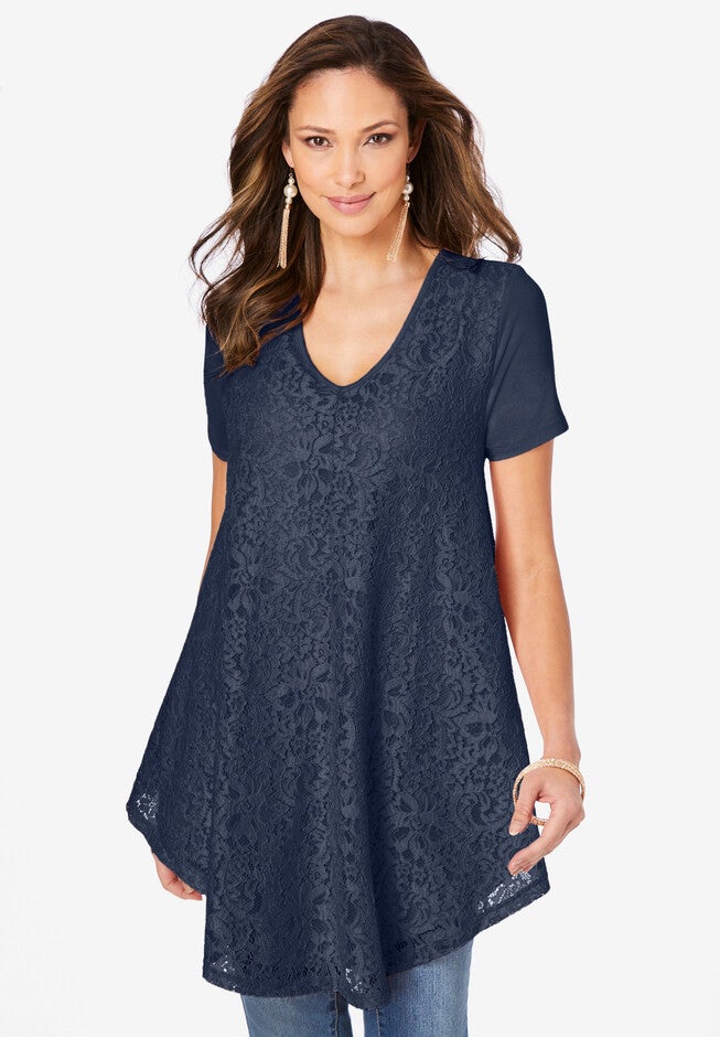 Fashionable Lace Overlay Swing Ultra Femme Tunic 4403094 Roamans
