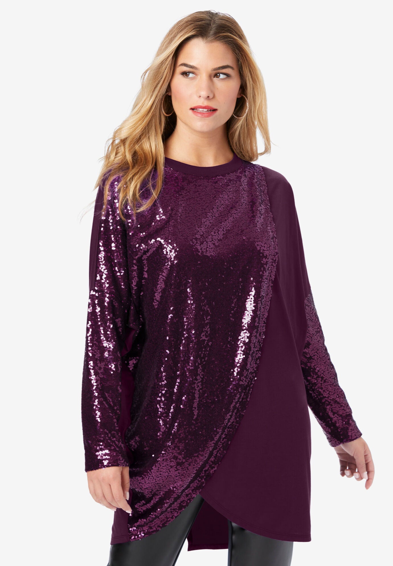 Fashionable Sequin Paneled Overlay Top, Soft Camel | Roaman's