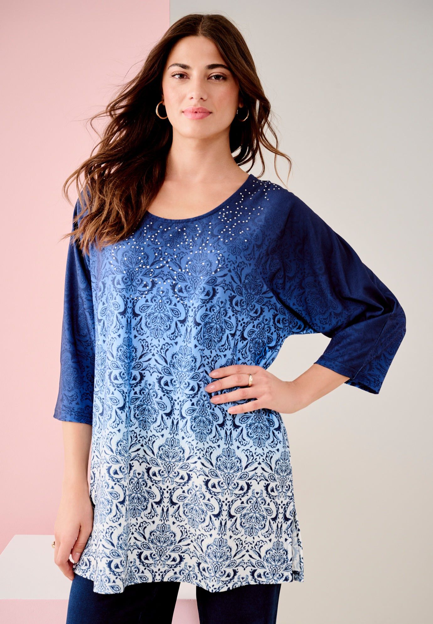 Fashionable Three-Quarter Sleeve Embellished Tunic, Classic Red Beading ...