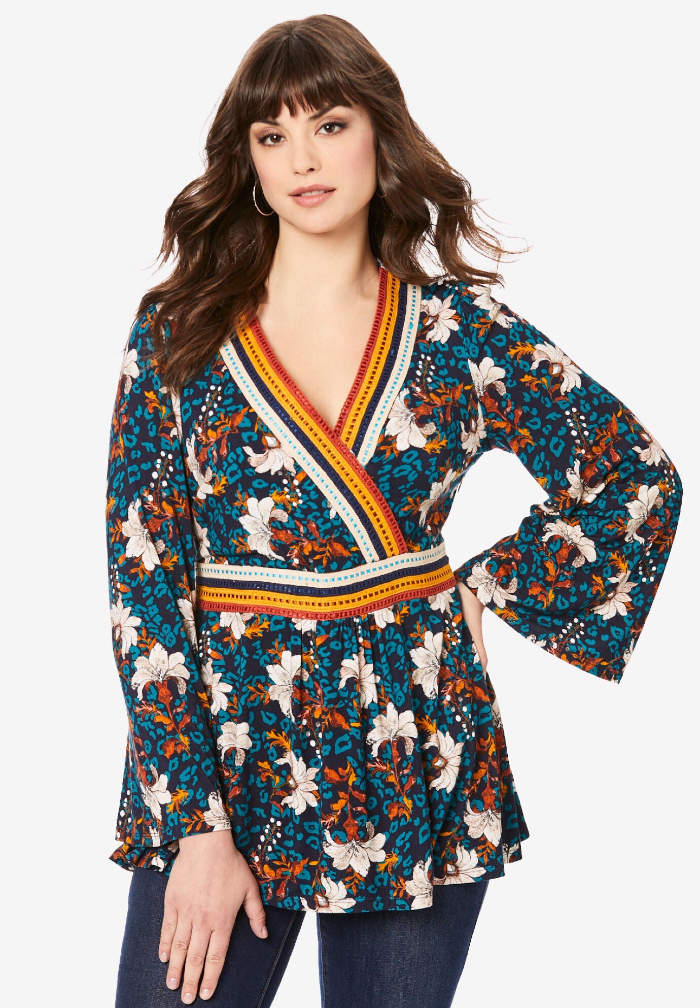 Fashionable Banded Surplice Top, Navy Leopard Flowers | Roaman's
