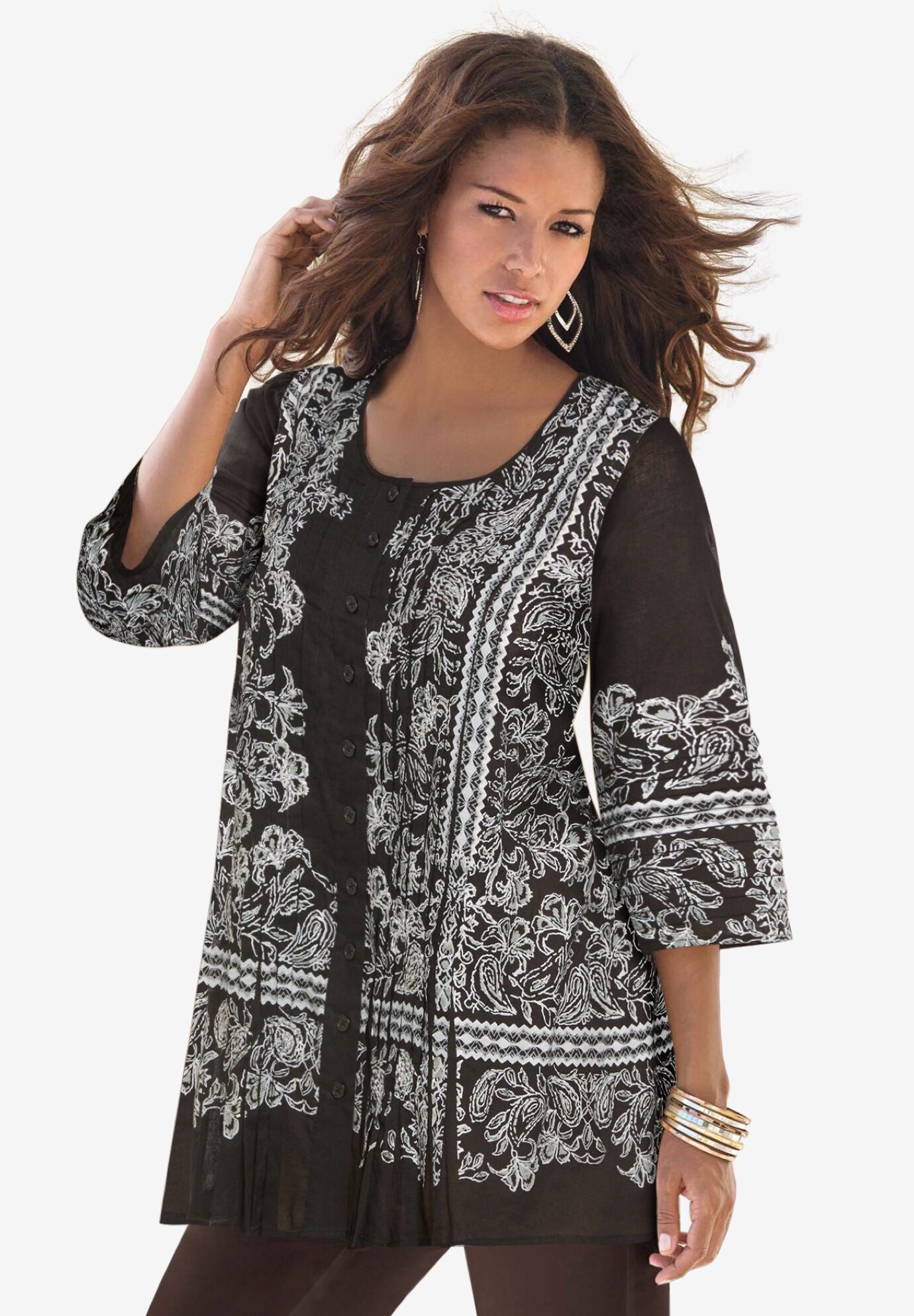 Fashionable Monique Printed Big Shirt, Black Mirrored Paisley | Roaman's