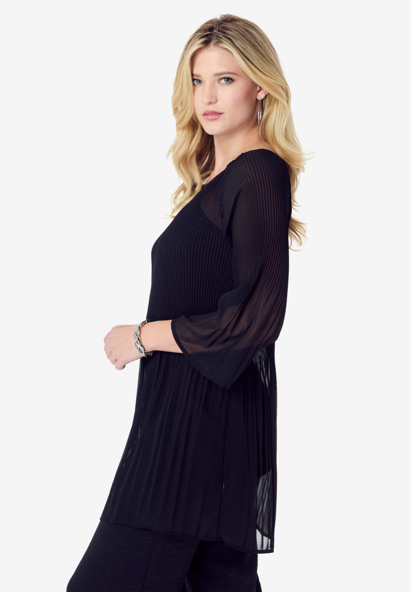 Fashionable Pleated Keyhole Tunic, Black | Roaman's