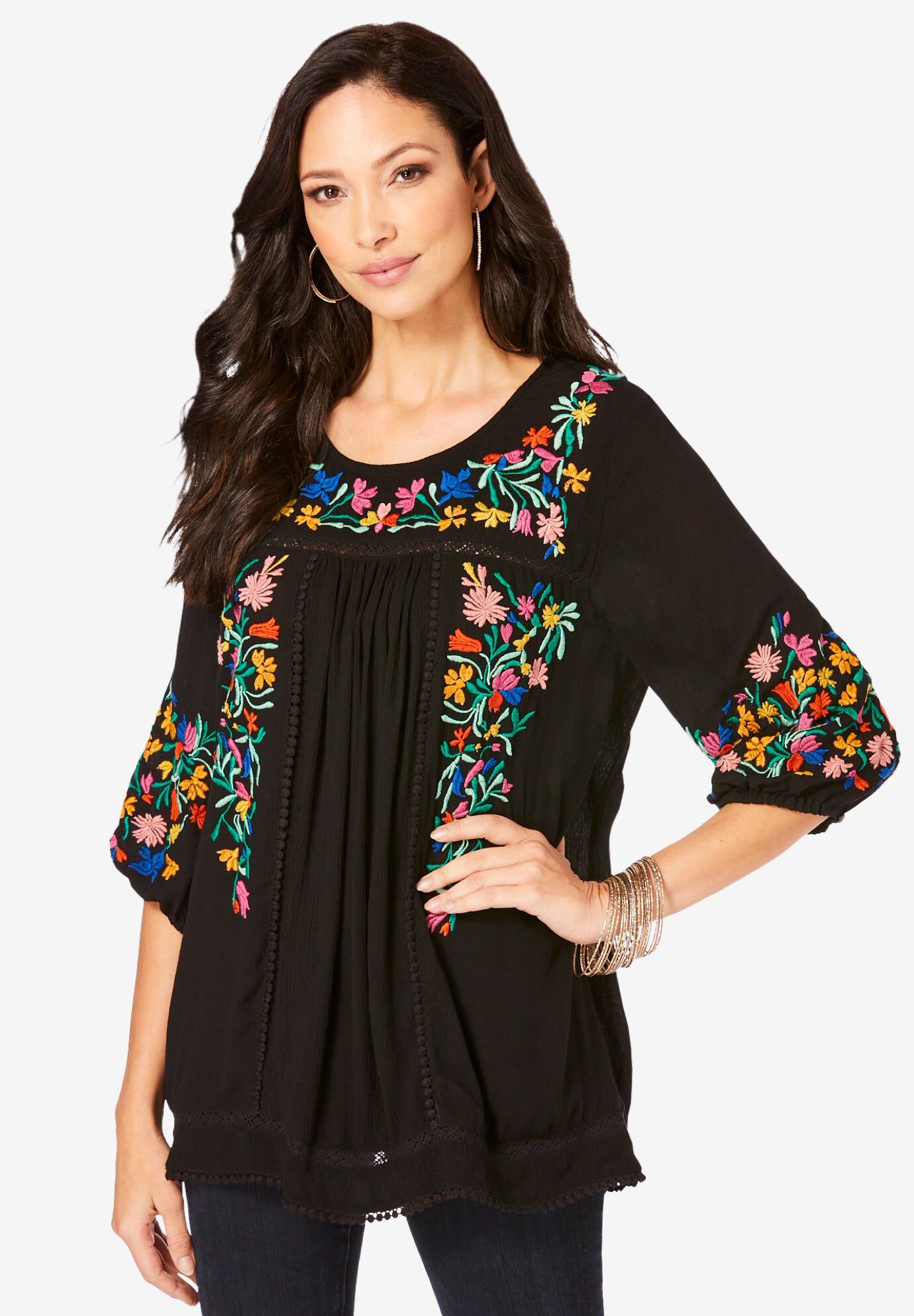 Fashionable Boho Floral Tunic, Black Boho Floral | Roaman's