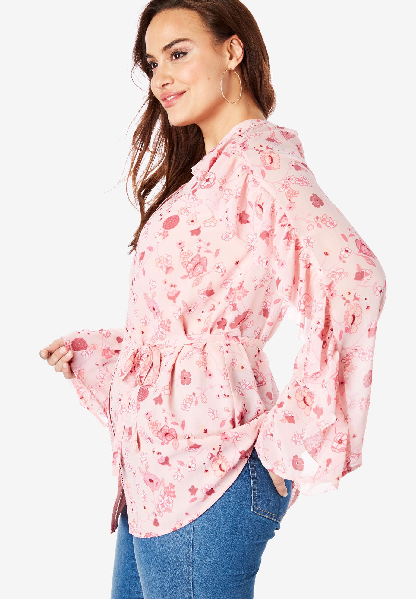 Ruffle-Sleeve Tunic with Tie Waist | Roaman's