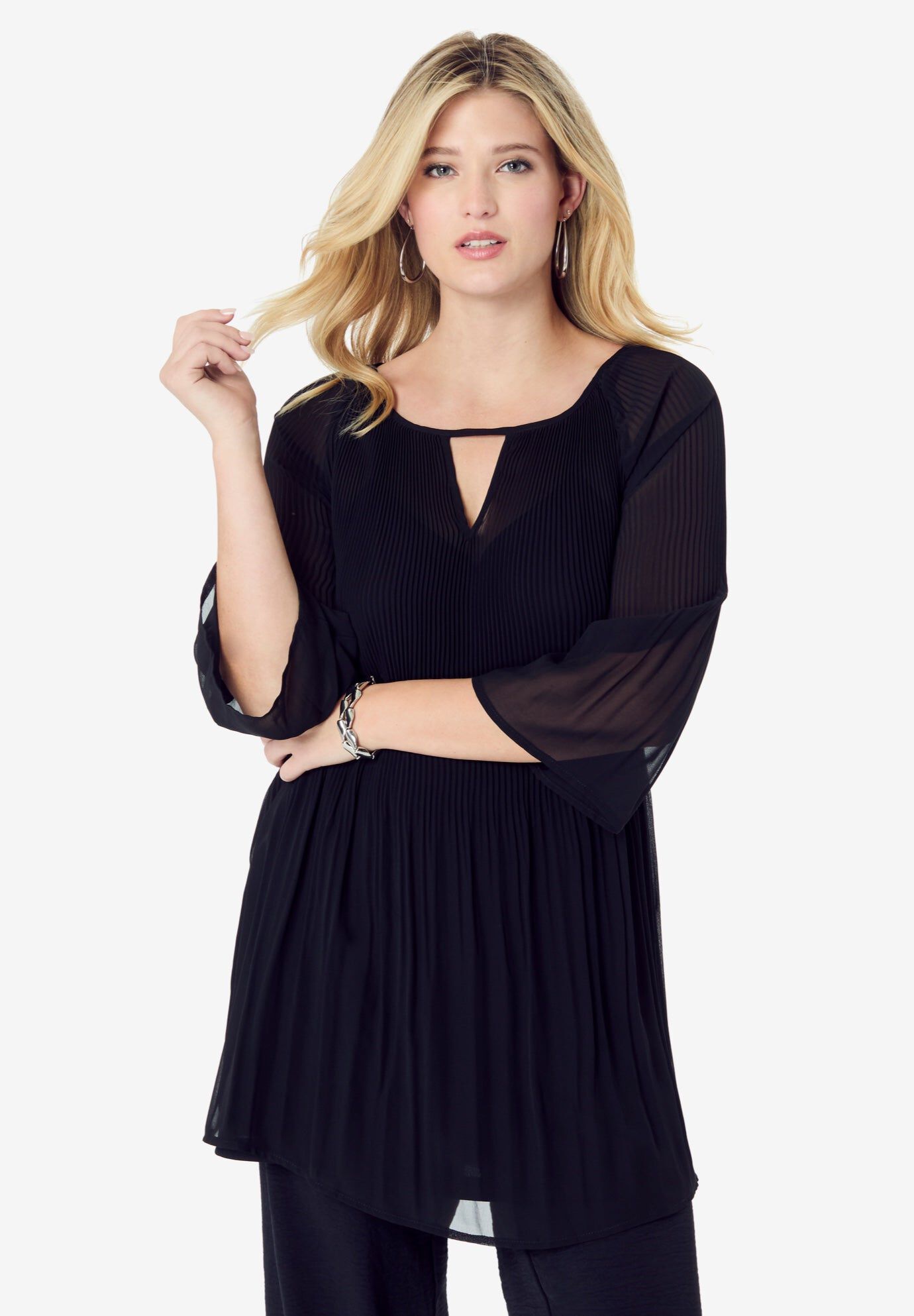 Fashionable Pleated Keyhole Tunic, Black | Roaman's