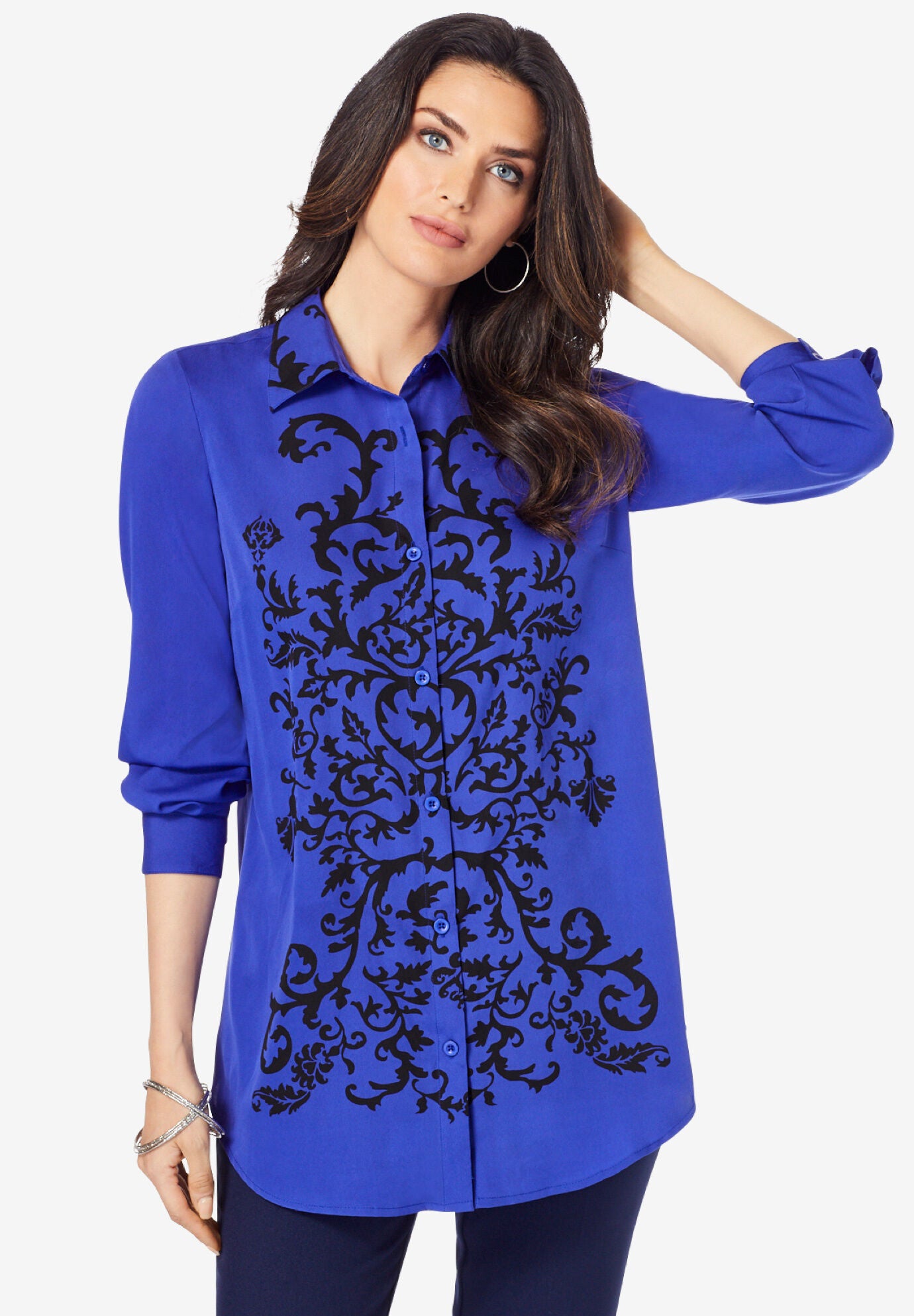 Fashionable Scroll Print Shirt, 4381776 | Roaman's