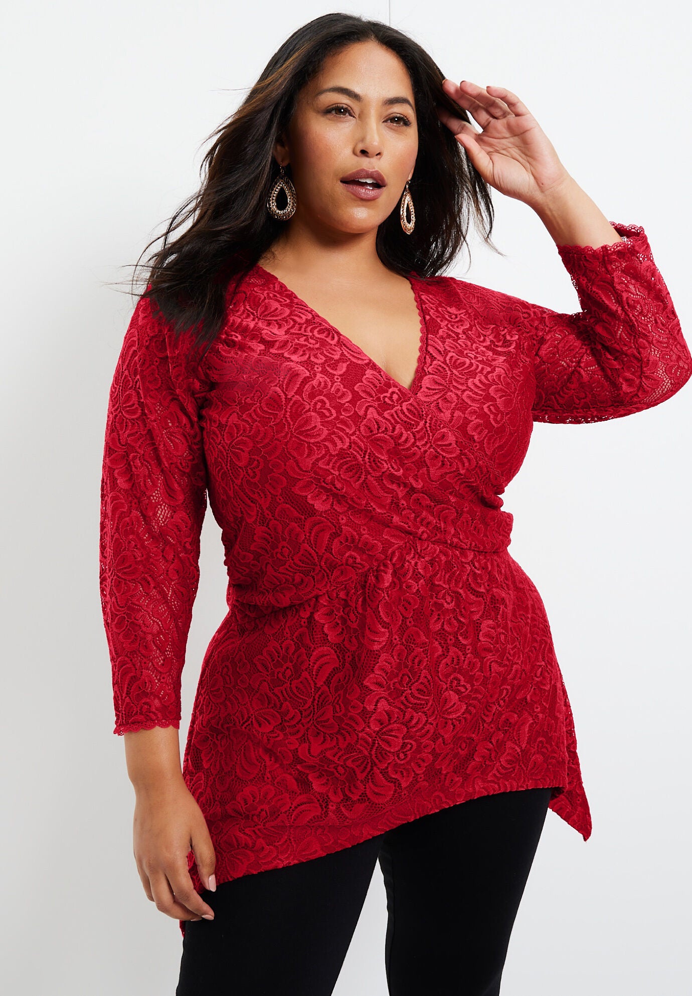 Fashionable Faux Wrap Lace Top, 4427199 | Roaman's