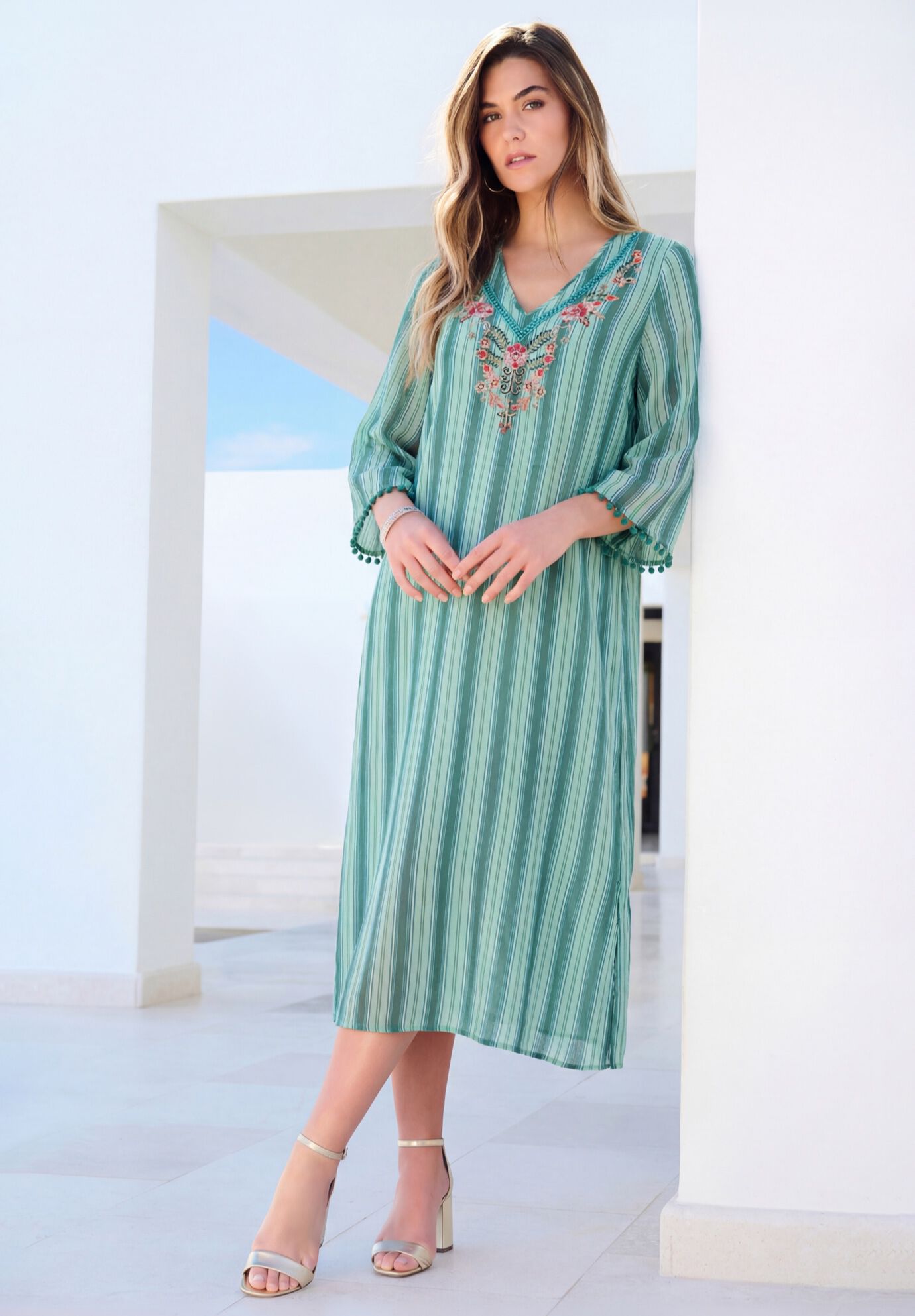 Fashionable Embellished Crinkle Kaftan, Antique Mint Coastal Stripe ...