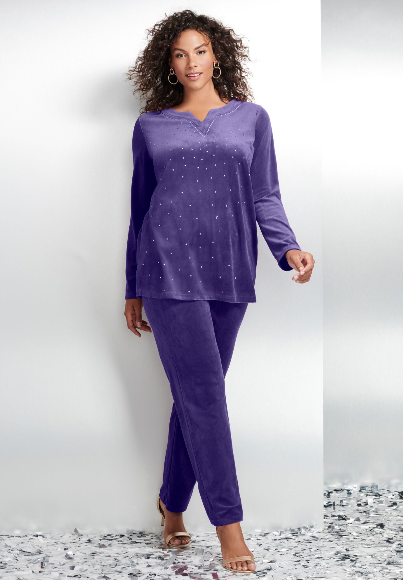 Fashionable Velour Tunic & Pant Set, Black | Roaman's