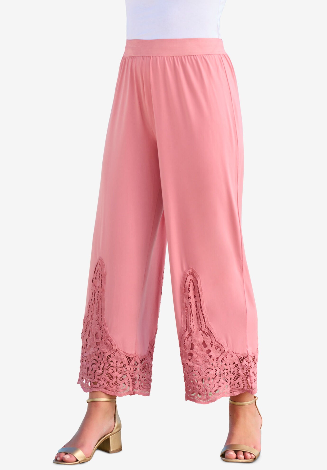 Fashionable Wide-Leg Ultrasmooth® Fabric Lace Pant, Desert Rose | Roaman's