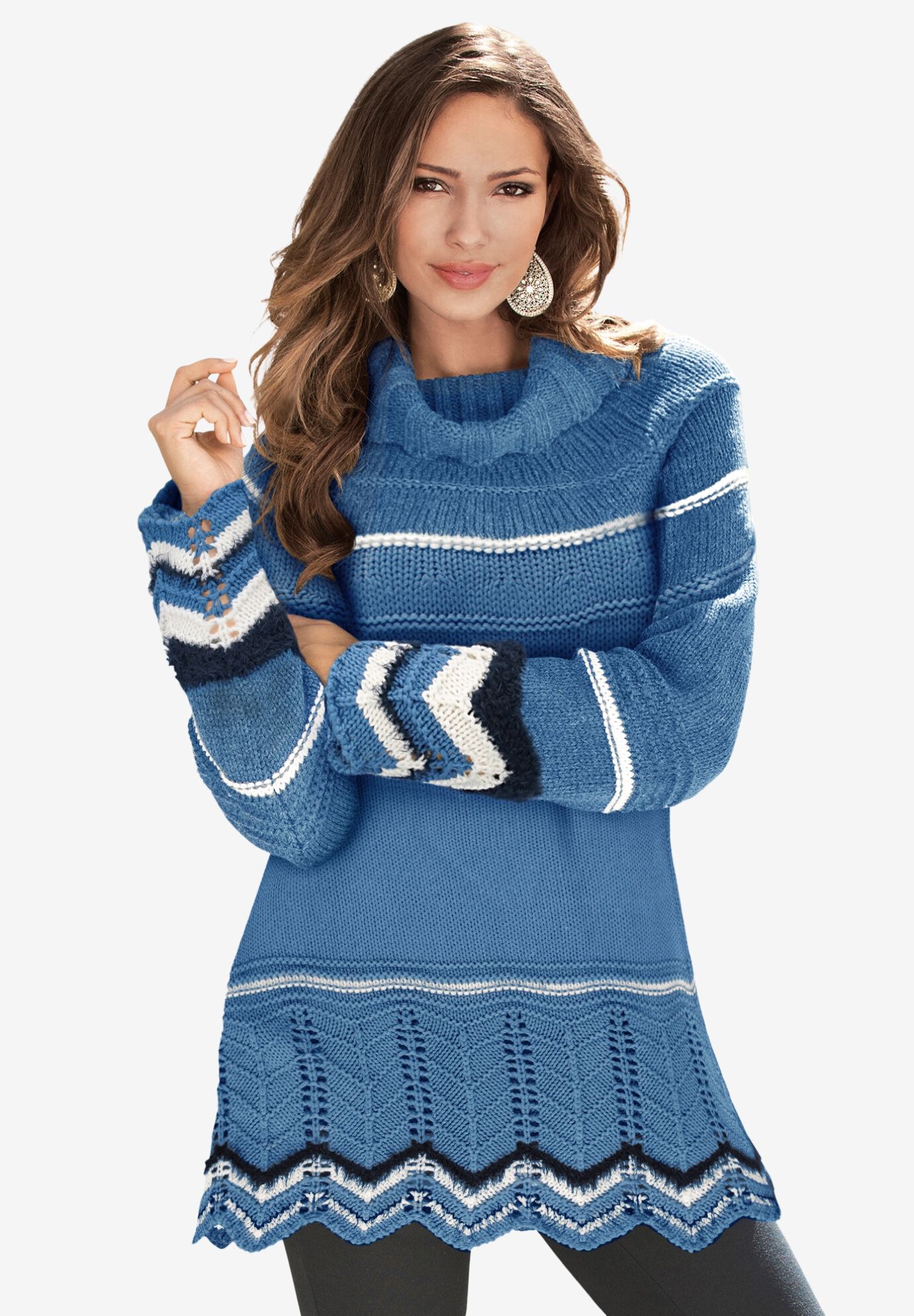 Fashionable Chevron Border Sweater, Dusty Indigo Stripe | Roaman's