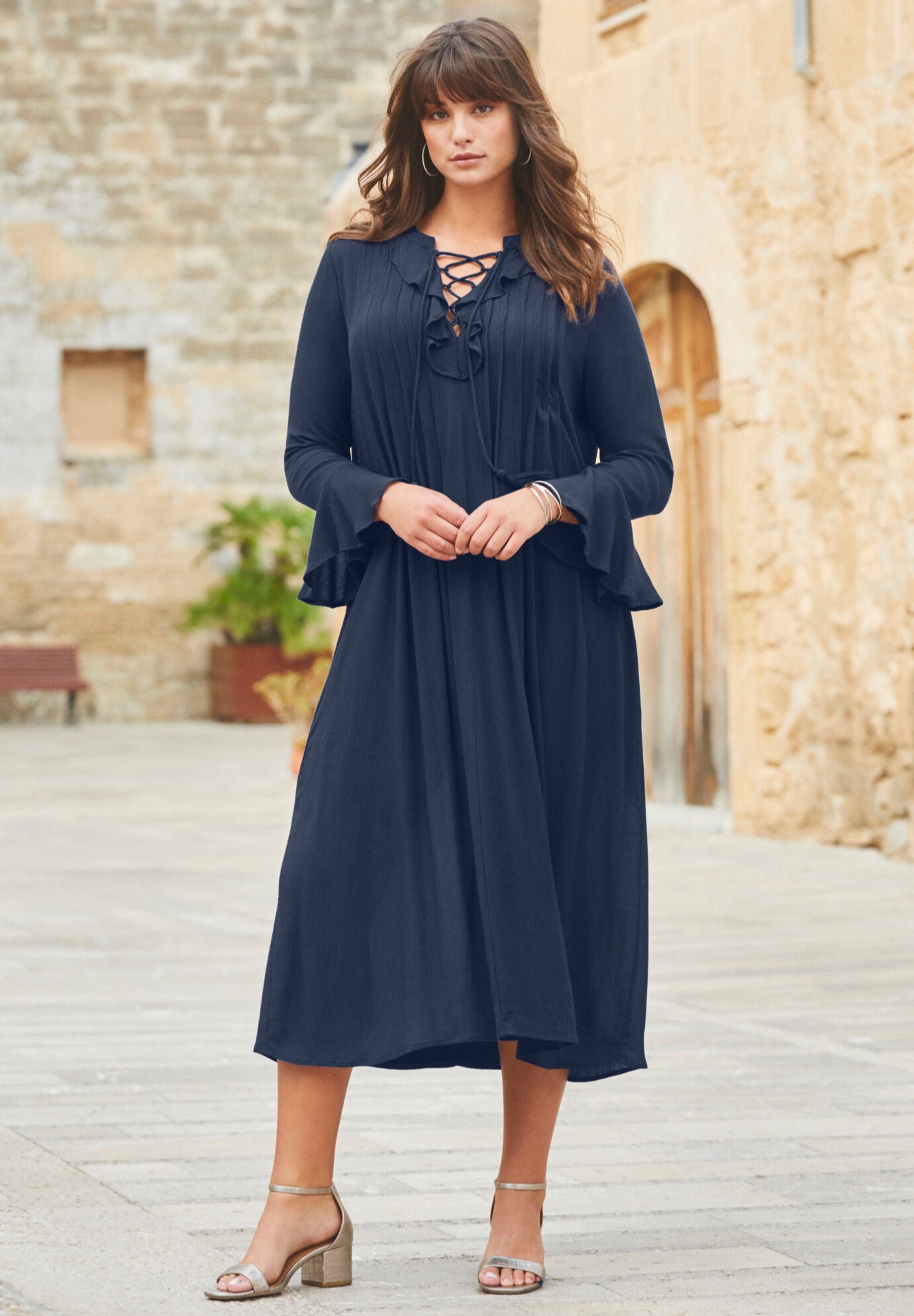 Fashionable Ruffle Pintuck Crinkle Dress, Deep Turquoise | Roaman's