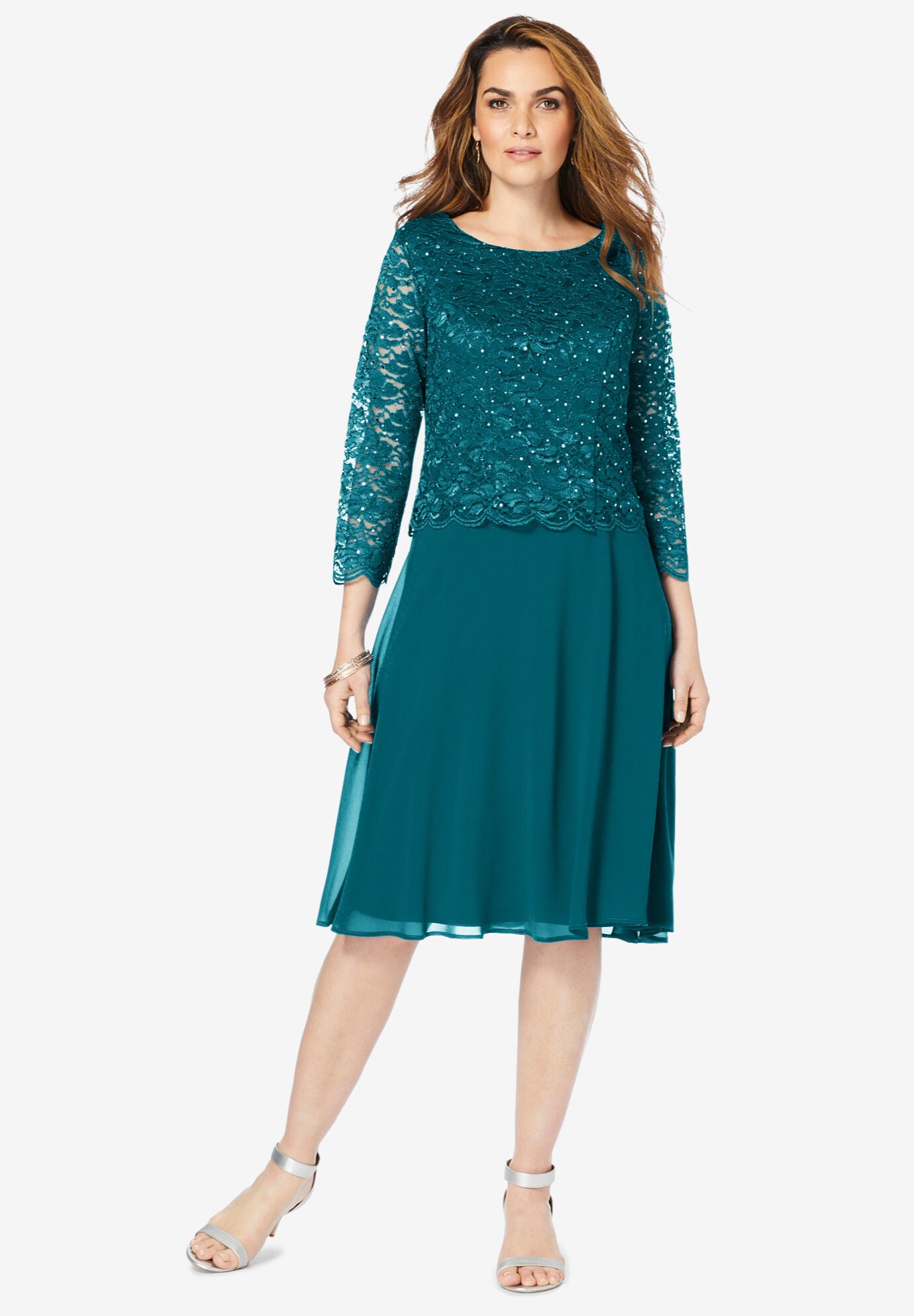 Embellished Lace & Chiffon Dress | Roaman's