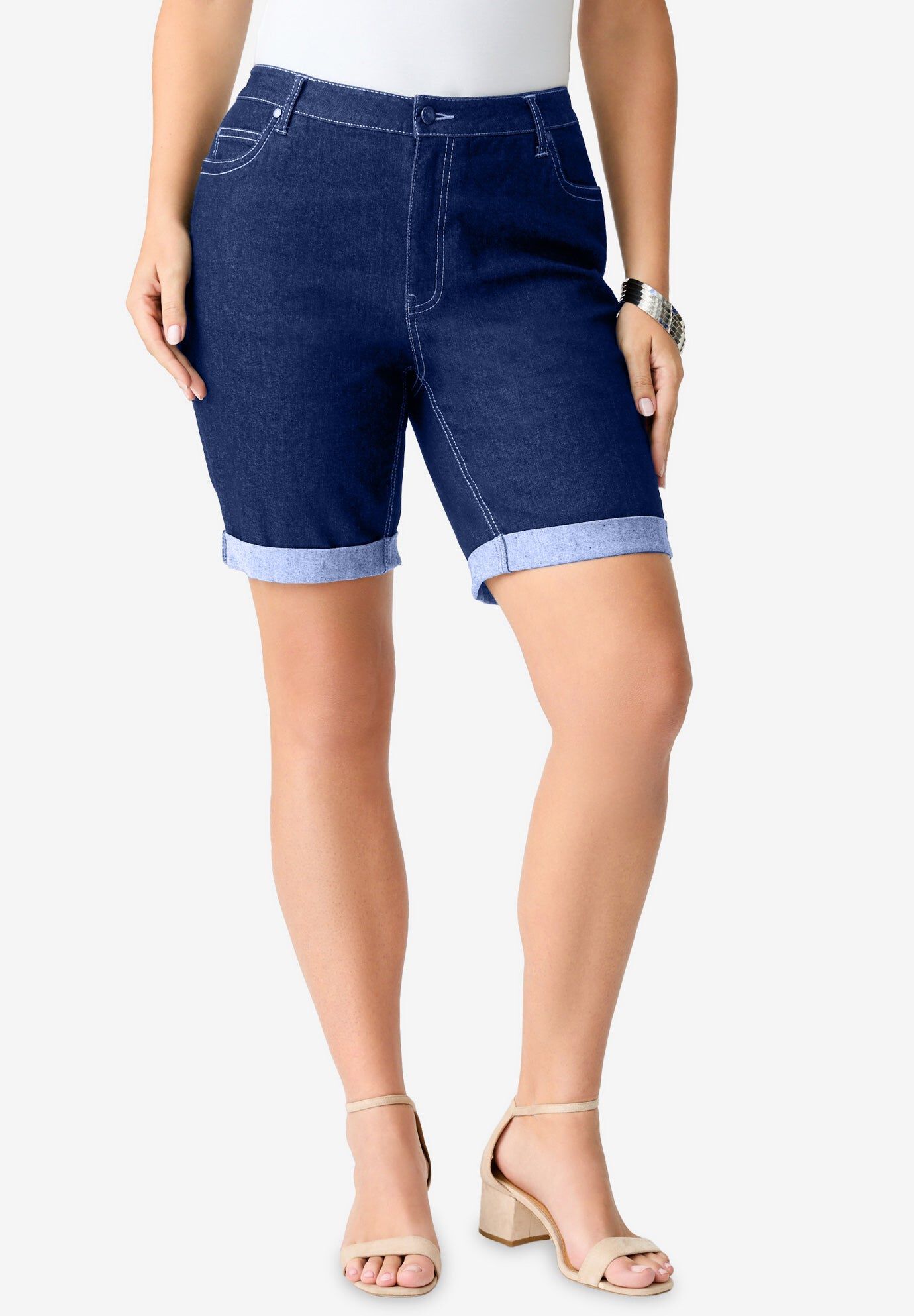 Fashionable Invisible Stretch® Iconic Cuffed Short, Dark Wash | Roaman's
