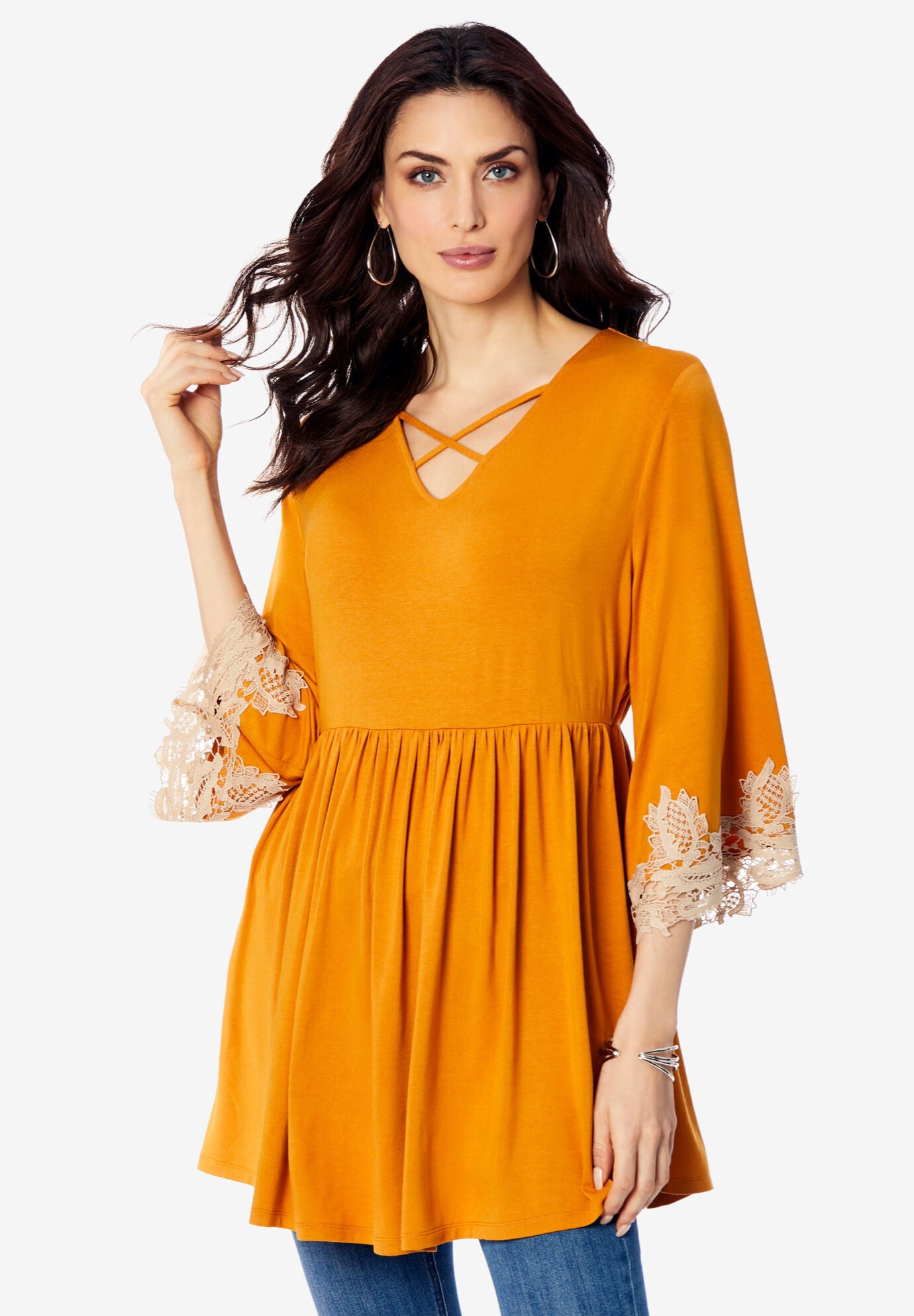 Fashionable Lace-Sleeve Batwing Top, Rich Gold Flower Lace | Roaman's