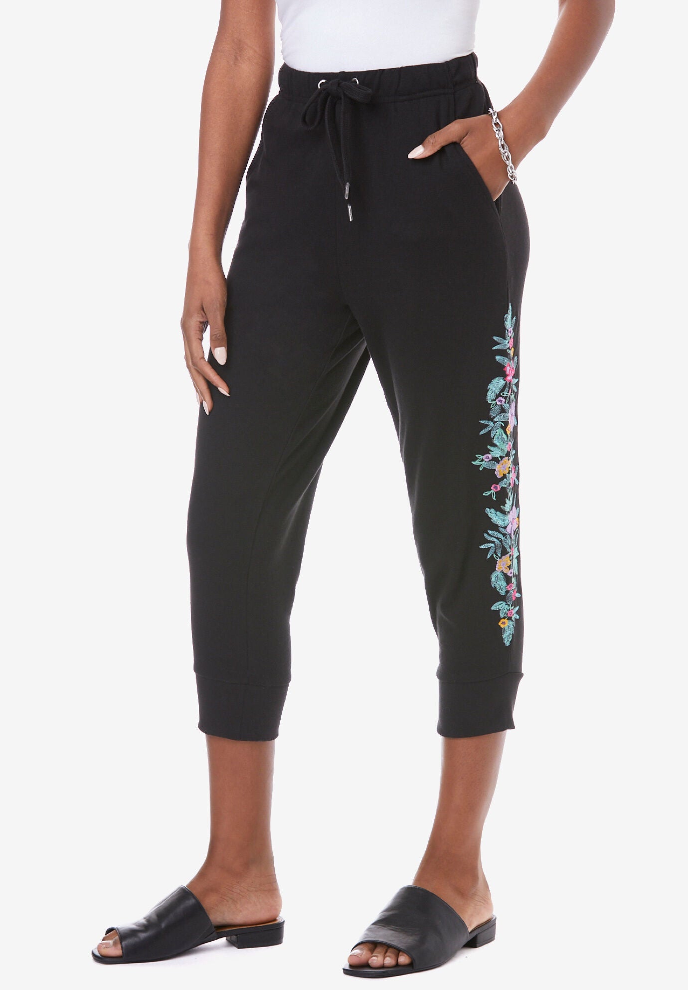Fashionable Embroidered Jogger, Black Tropical Vine | Roaman's